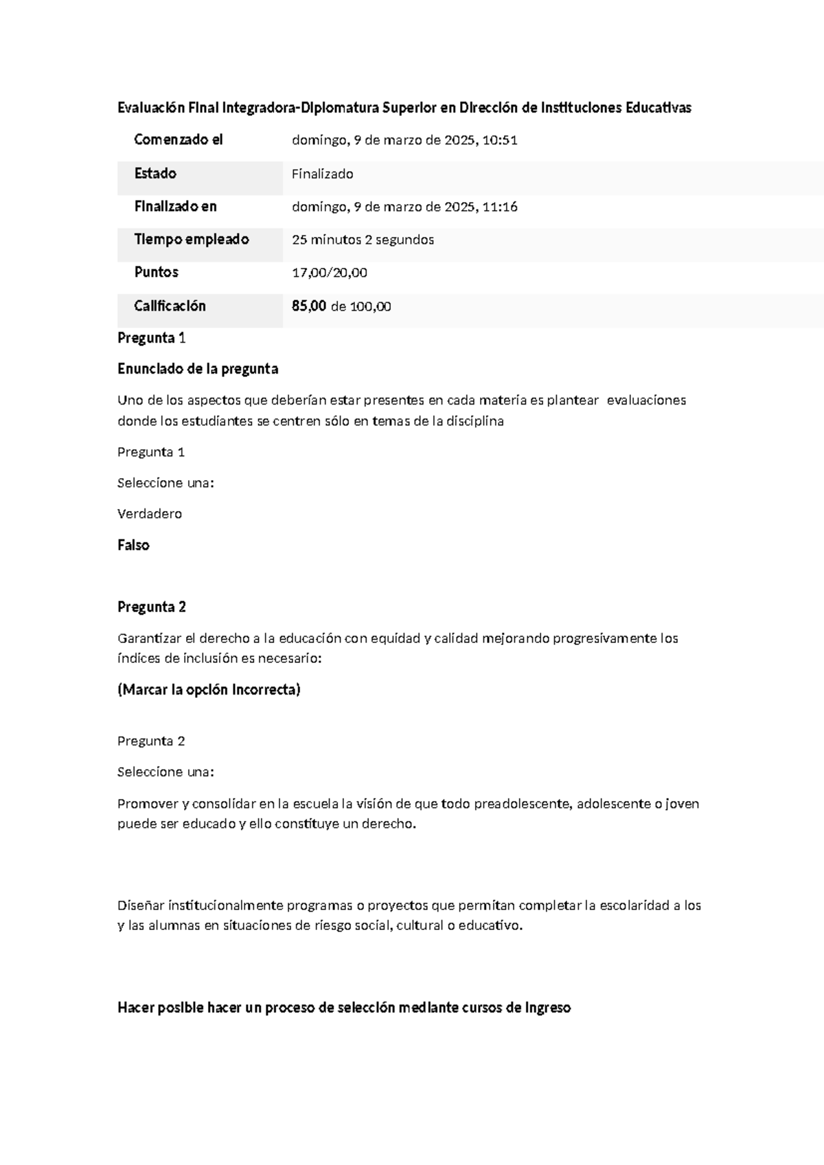 Evaluación Final Integradora-Diplomatura Superior en Dirección de Instituciones Educativas - Studocu
