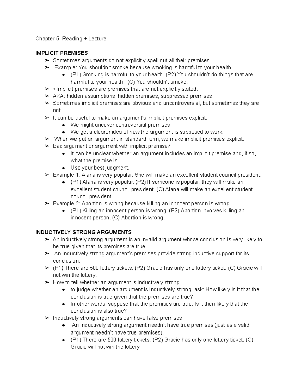 Chapter 5 - Implicit Premises & Inductive vs. Deductive Arguments - Studocu