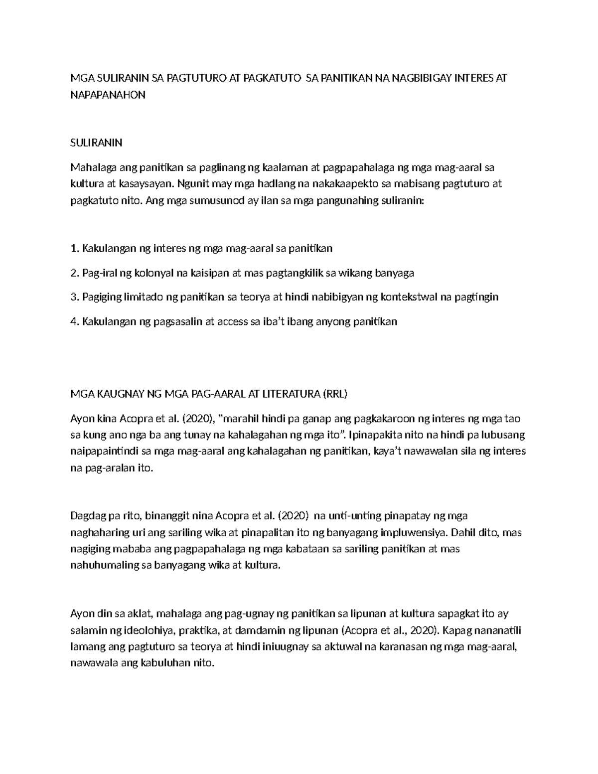 MGA SULIRANIN SA PAGTUTURO AT PAGKATUTO NG PANITIKAN: MGA HADLANG AT ...