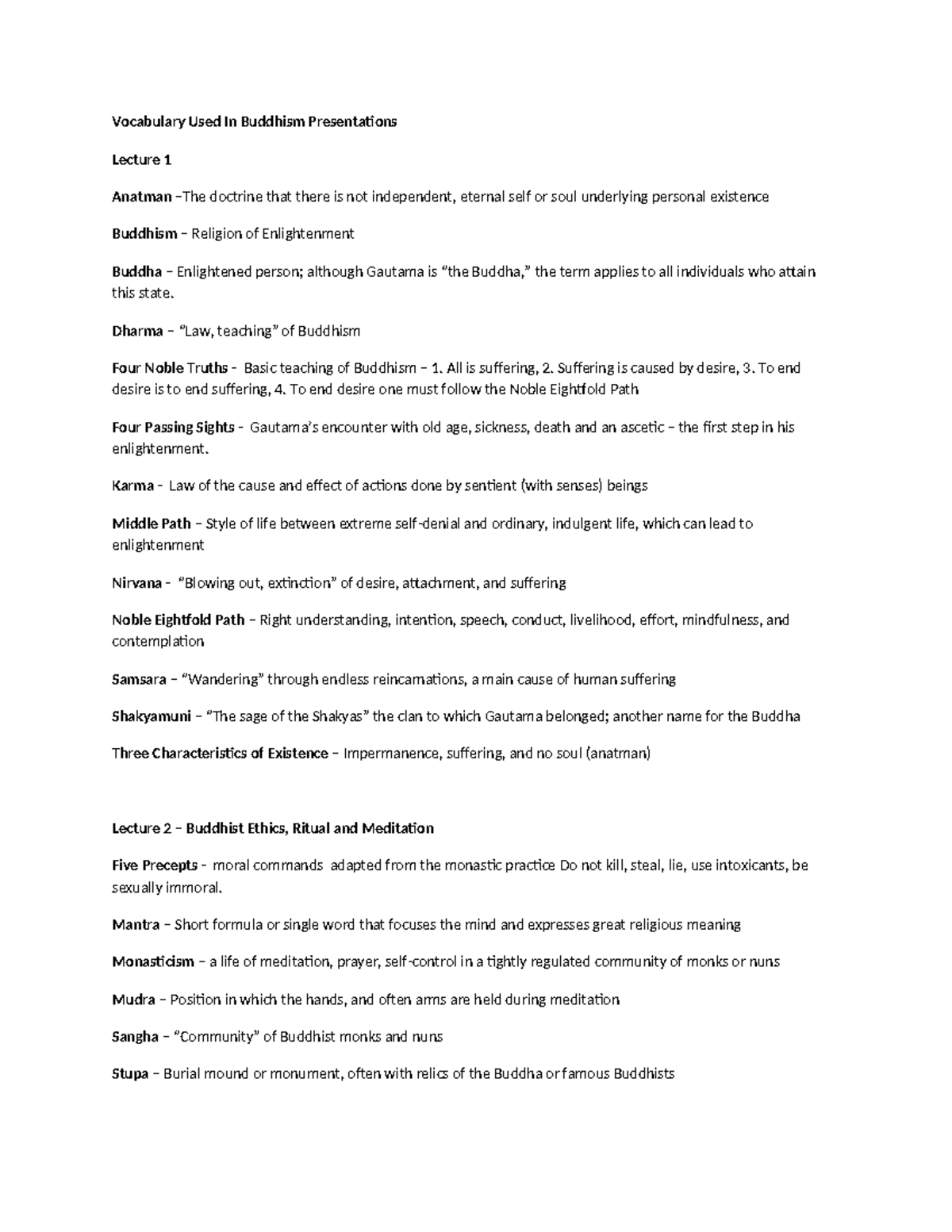 Buddhism Vocabulary Notes - Lectures 1-3 (Course Code Required ...