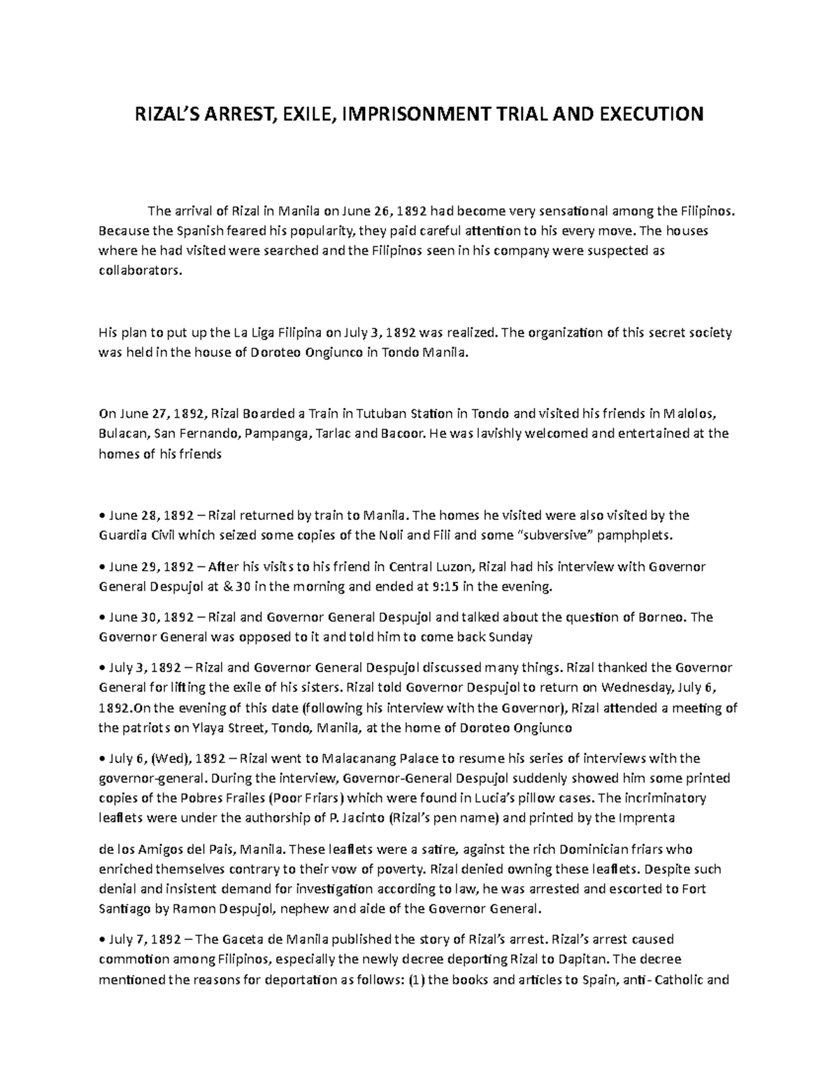 RIZAL’S Arrest, Exile, Imprisonment, Trial & Execution (1892-1896 ...