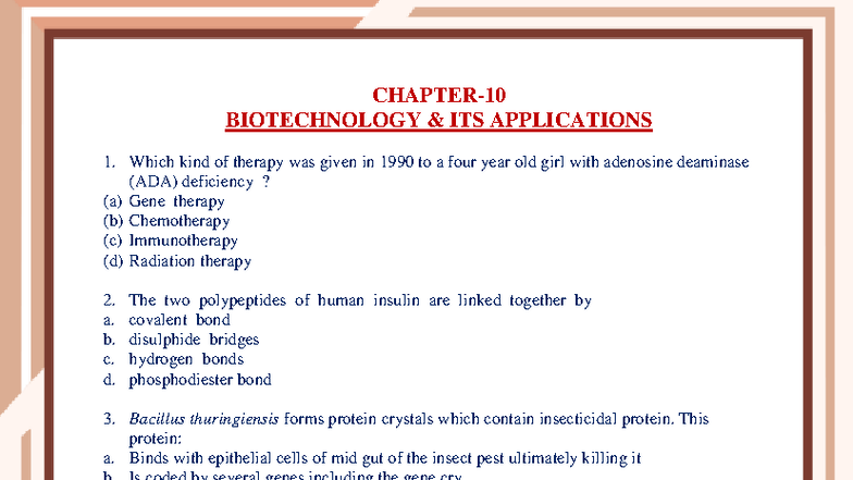 Chapter 10 MCQs on Biotechnology Applications (BIOTECH 101) - Studocu