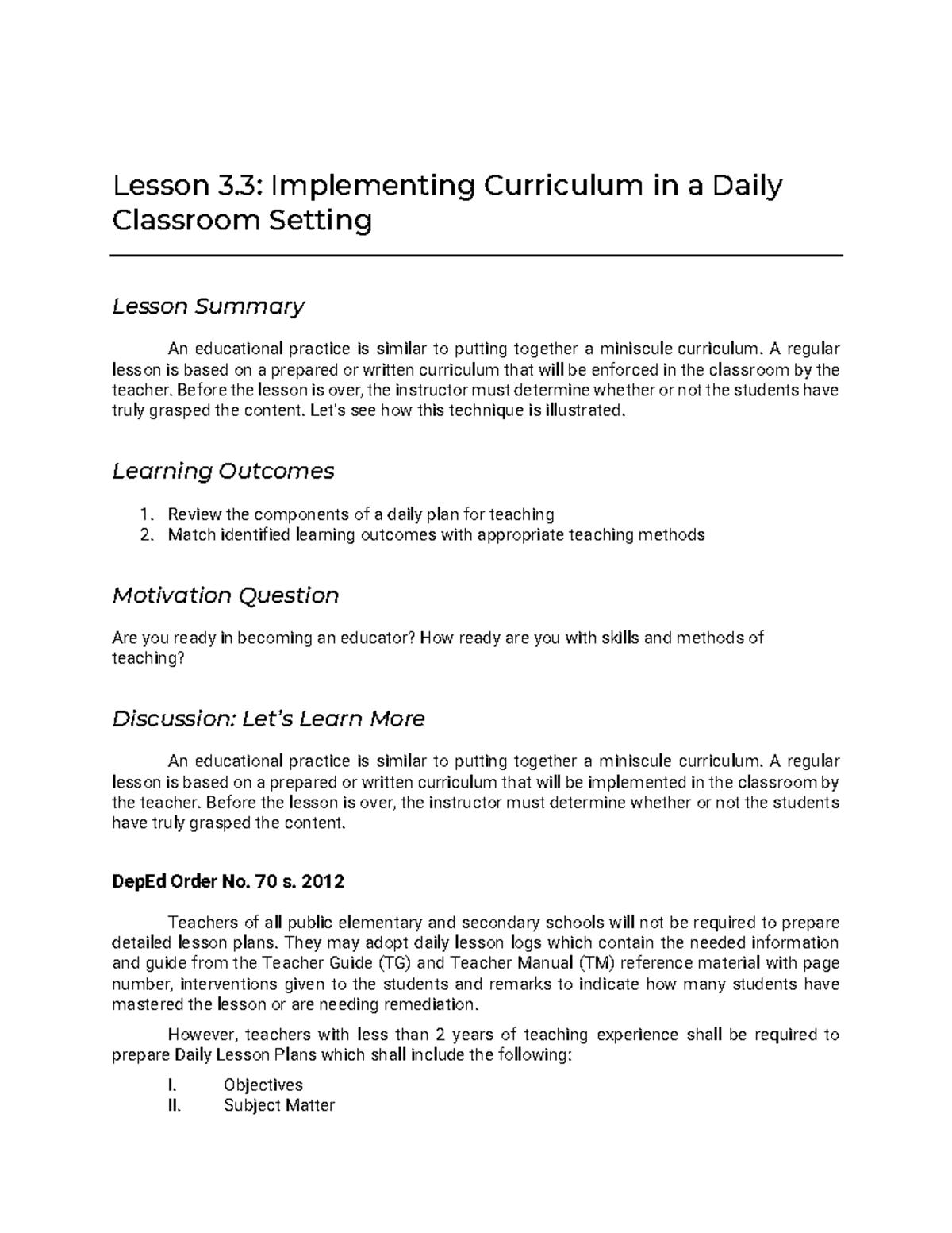 Module 3: Lesson 3.3 - Implementing Curriculum in Daily Classrooms - Studocu