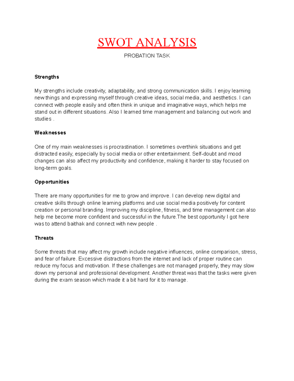 SWOT Analysis: Personal Growth & Development Insights - Studocu