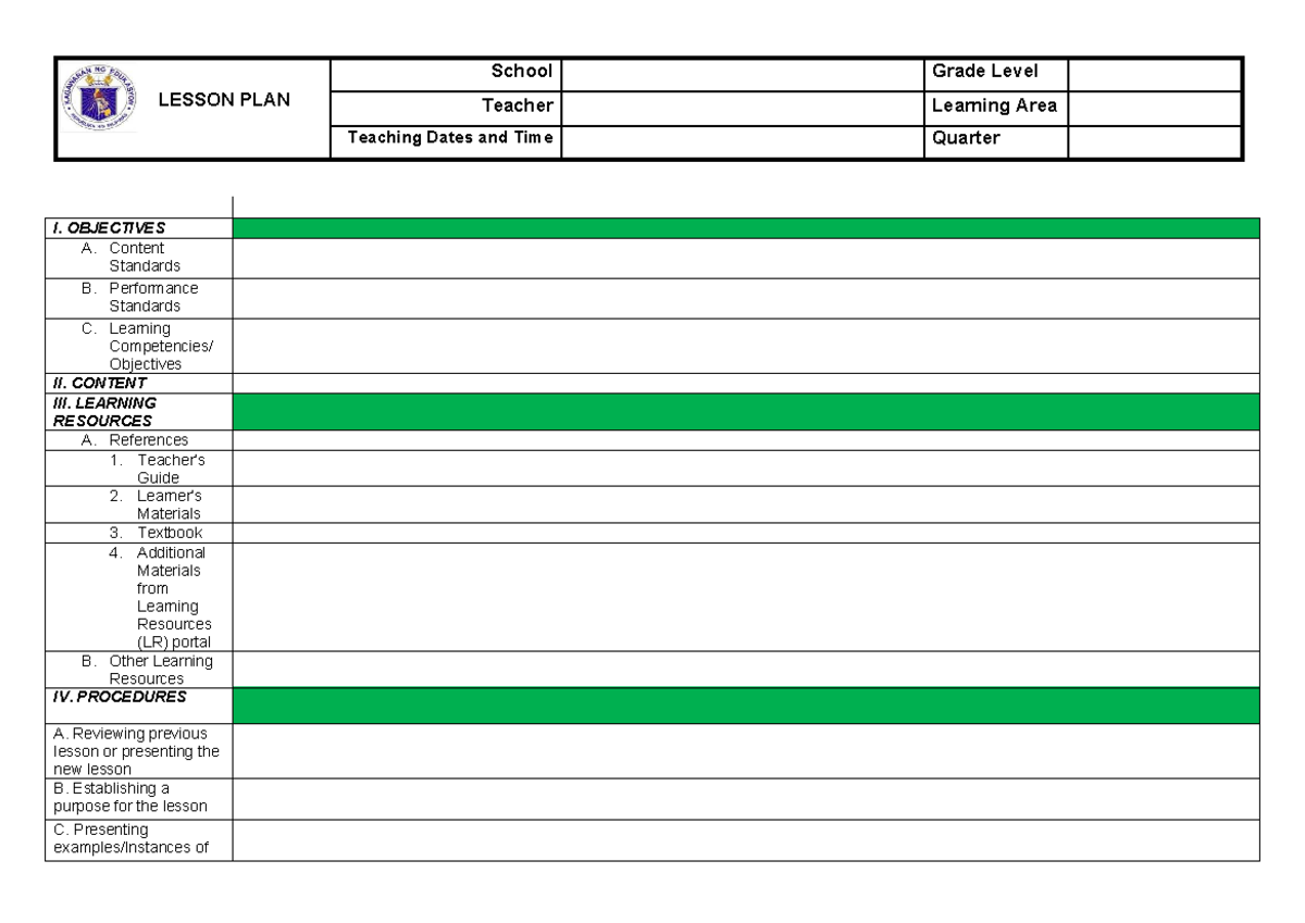 Lesson Plan DO 42 Series 2016: Objectives, Content, and Procedures ...