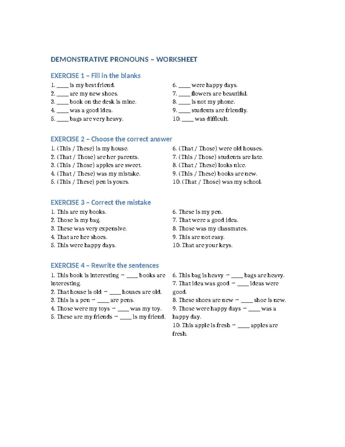 Demonstrative Pronouns Worksheet: 9 Exercises for Practice - Studocu