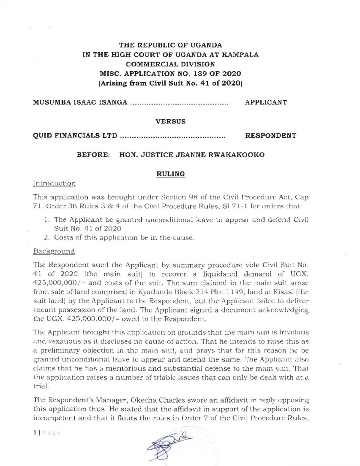 MISC. APPLICATION NO. 139 OF 2020: Ruling on Service via WhatsApp - Studocu