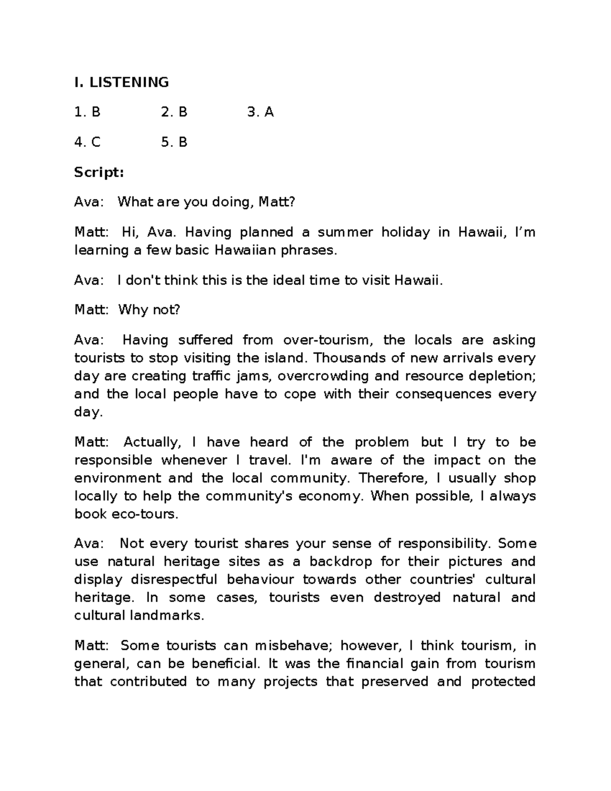 Listening and Reading Answer Key for Course Code: ENG101 - Studocu
