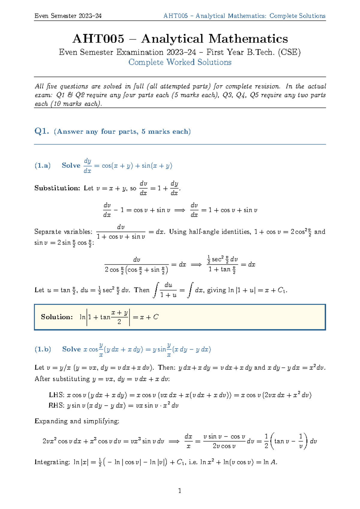 AHT005 Analytical Mathematics: Complete Solutions for Even Semester ...