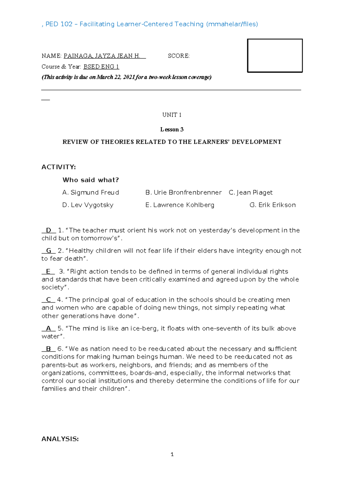 Lesson 3 Review: Theories of Development in PED 102 - Studocu
