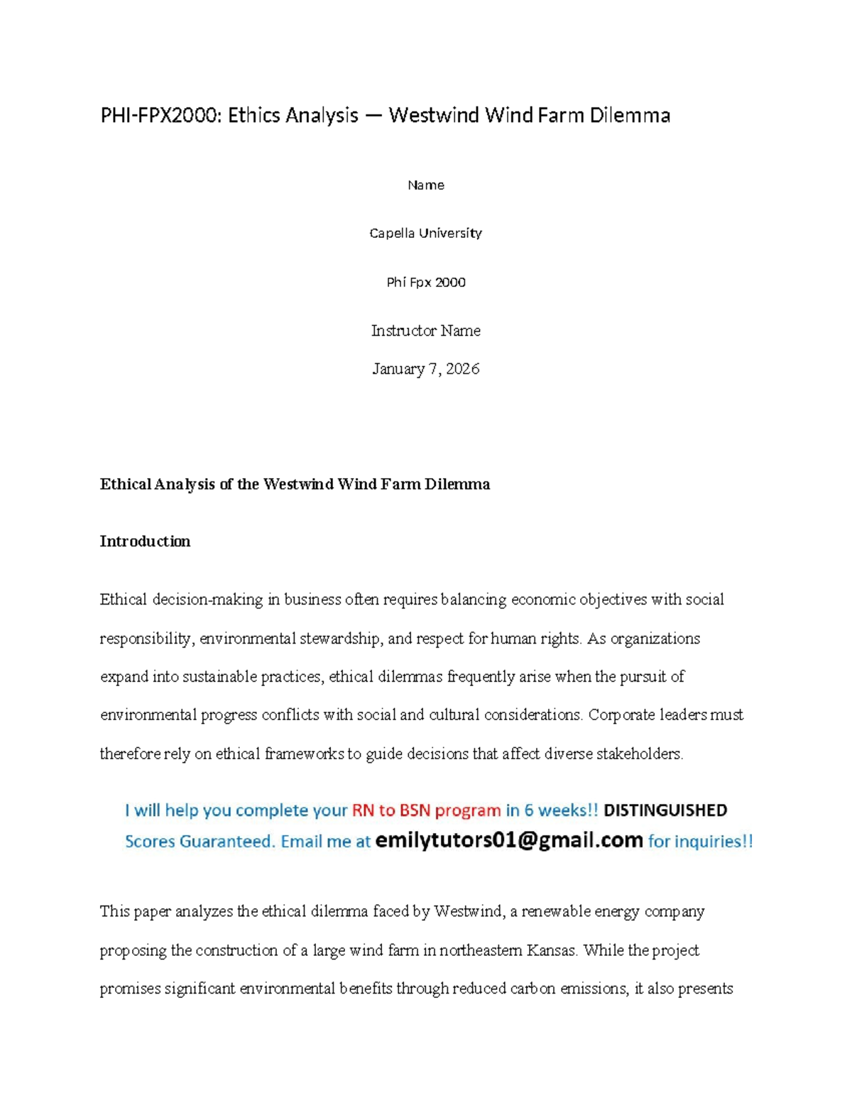 PHI FPX 2000 Ethical Analysis of the Westwind Wind Farm Dilemma - Studocu