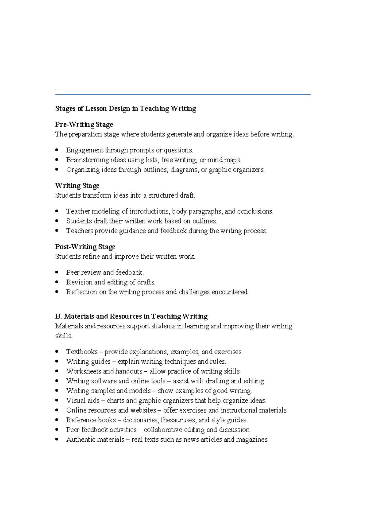 Teaching Writing: Stages of Lesson Design and Resources - Studocu