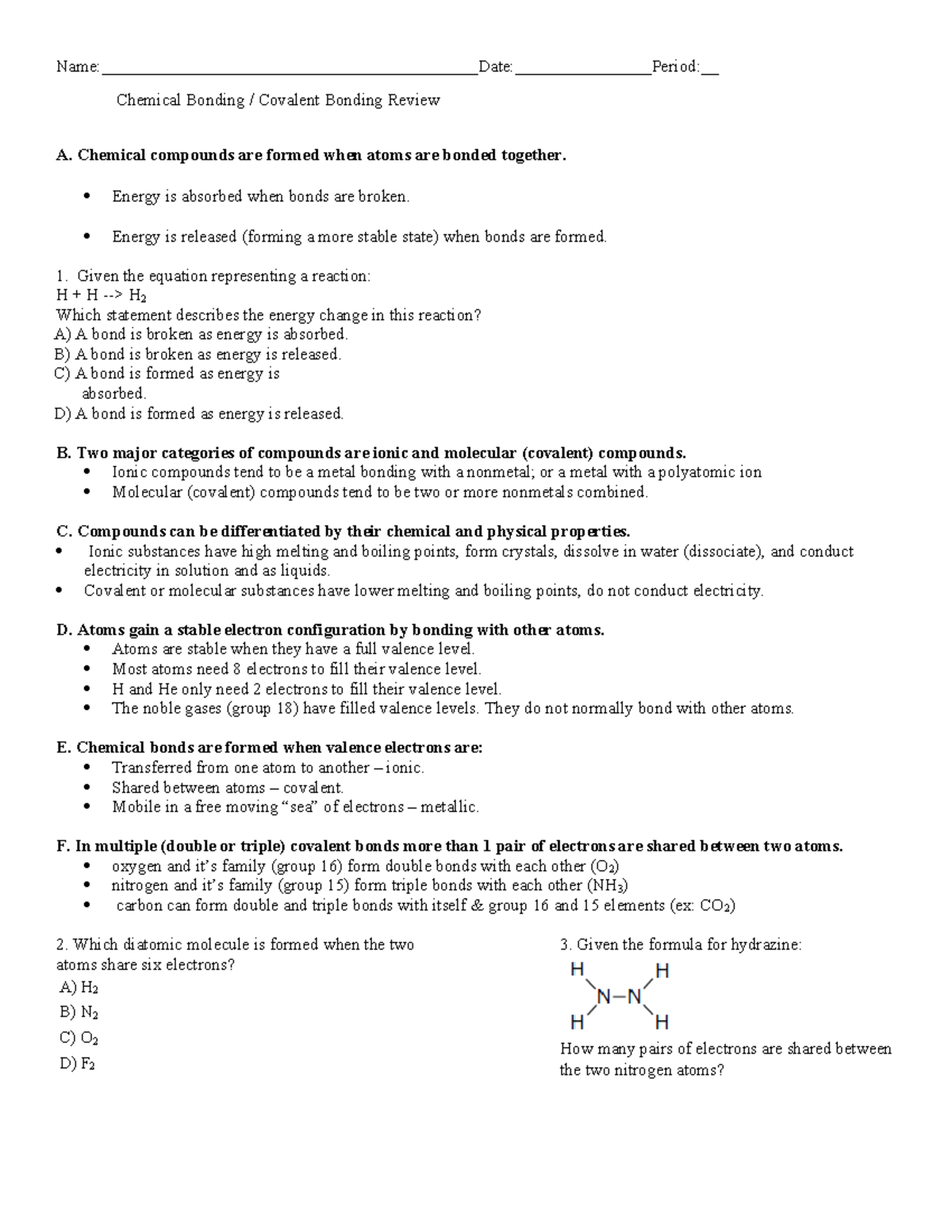 Extra Practice: Covalent Bonding Review for Chemistry 101 - Studocu