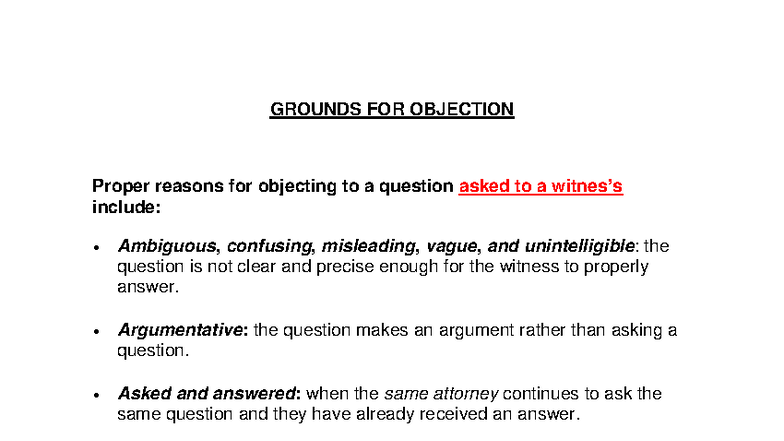 GROUNDS FOR OBJECTION: Direct & Cross Exam Guidelines - Studocu