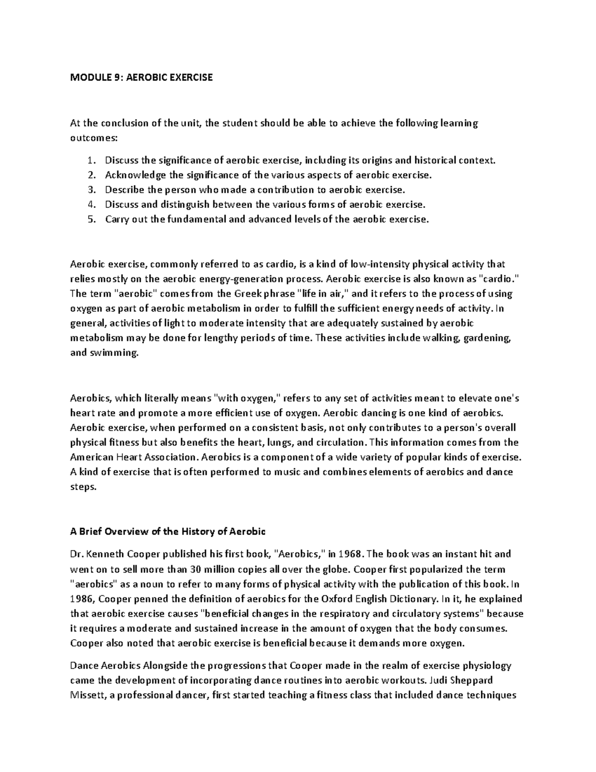 Module 9 - Aerobic Exercise - MODULE 9: AEROBIC EXERCISE At the ...