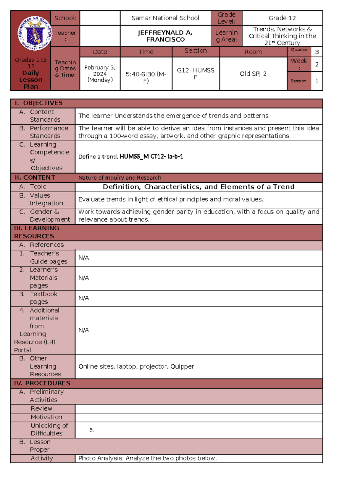 LP TNCT Week 1 Session 1 - Grade 12 Lesson Plan on Trends & Critical ...