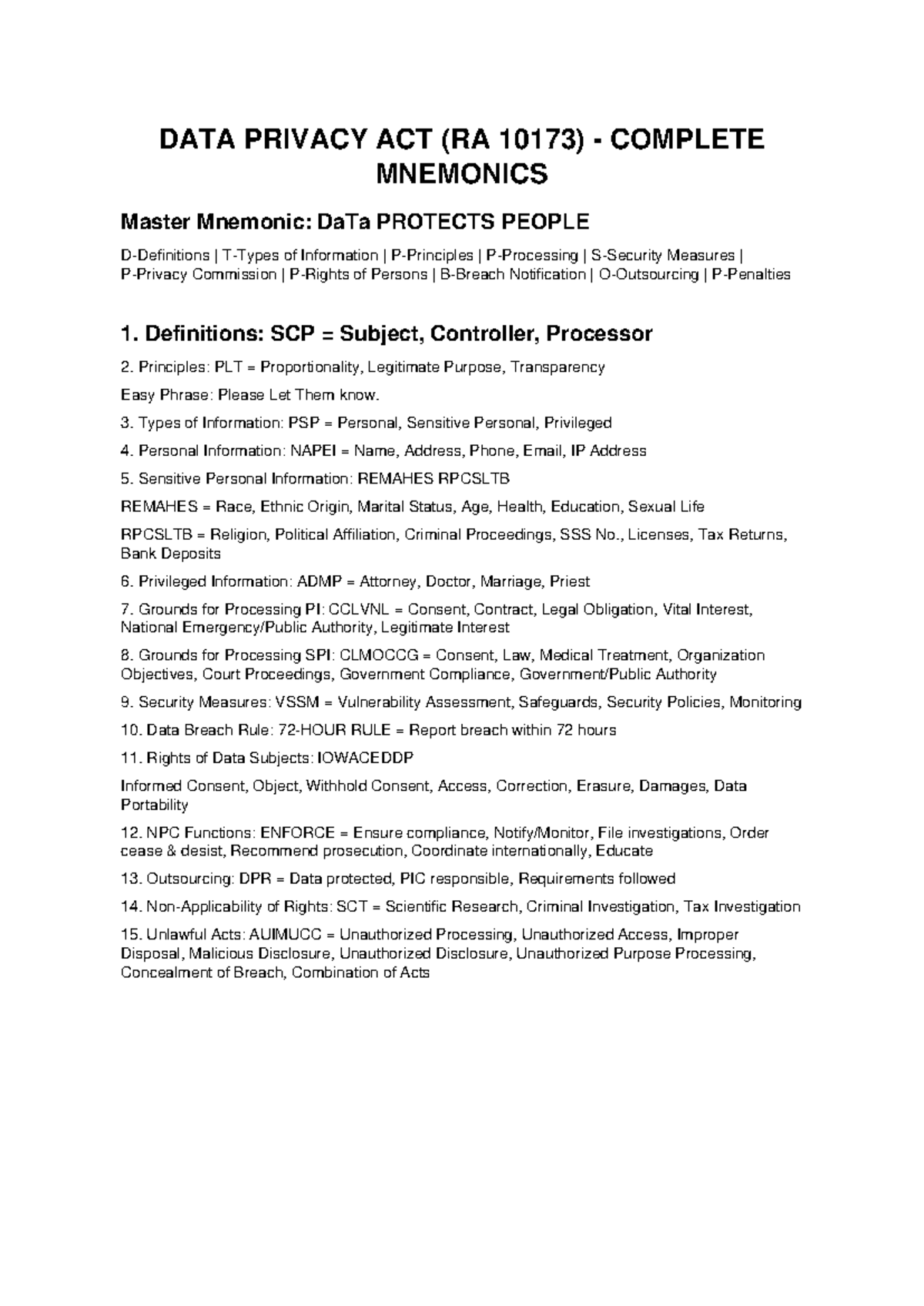 DATA PRIVACY ACT (RA 10173) MNEMONICS GUIDE - Studocu
