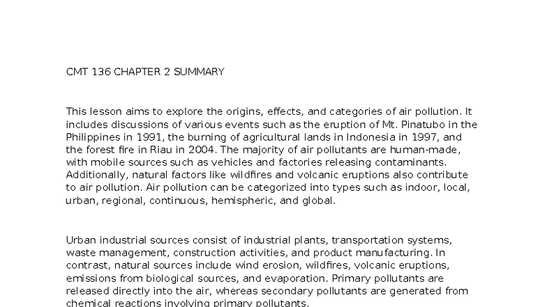 CMT 136 Air Pollution: Origins, Effects, and Categories Summary - Studocu
