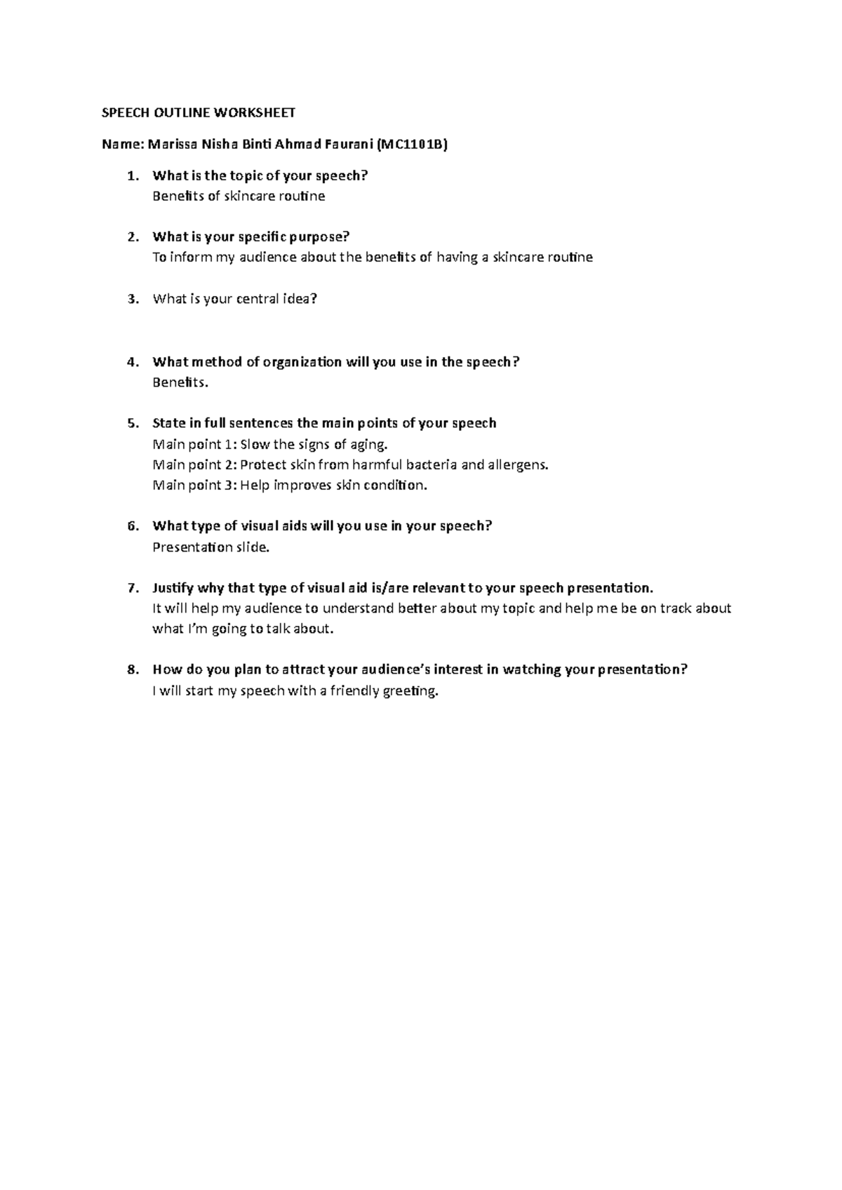 Speech Outline Worksheet - SPEECH OUTLINE WORKSHEET Name: Marissa Nisha ...
