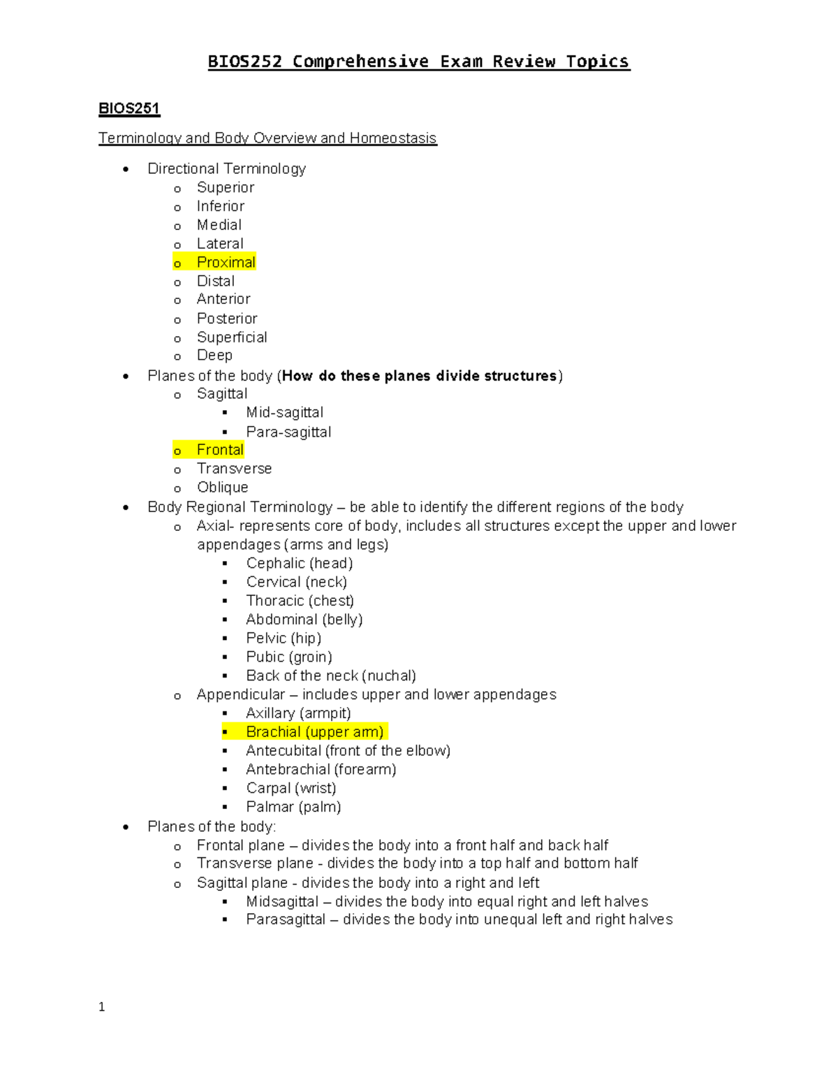 BIOS252 Comprehensive Exam Review Topics - Studocu