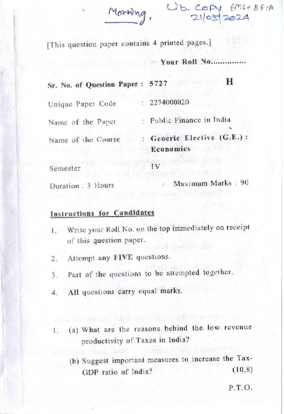 Public Finance in India - G.E. Economics IV Sem Question Paper - Studocu