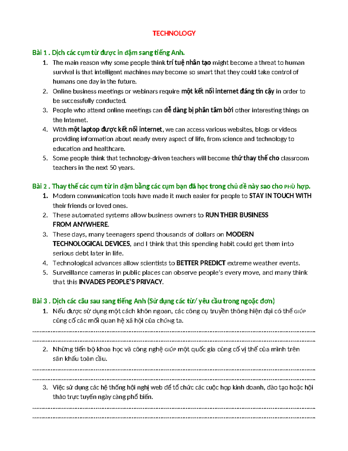 HW- Technology - Helpful for u - TECHNOLOGY Bà i 1. Dị ch các c ụ m t ừ ...