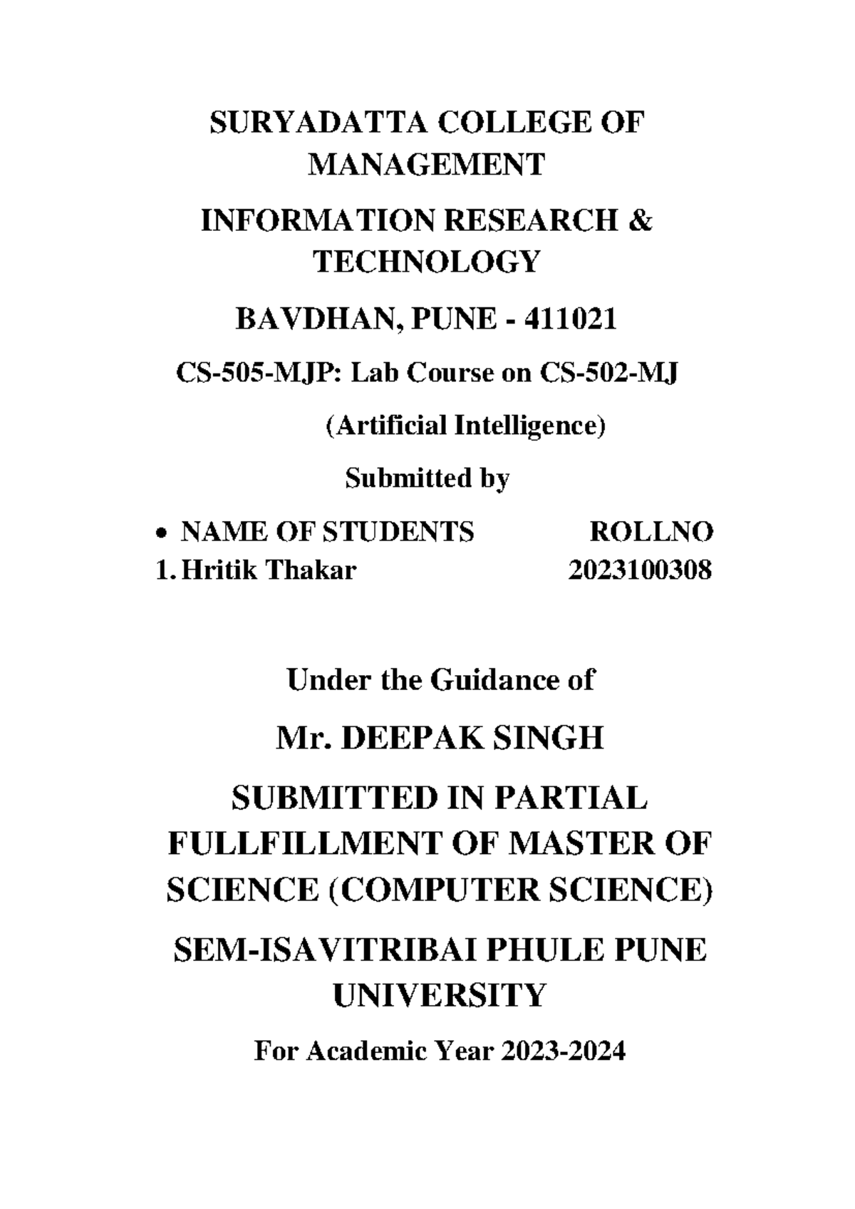 Practicals AI - ai pratical questions with code - SURYADATTA COLLEGE OF MANAGEMENT INFORMATION ...