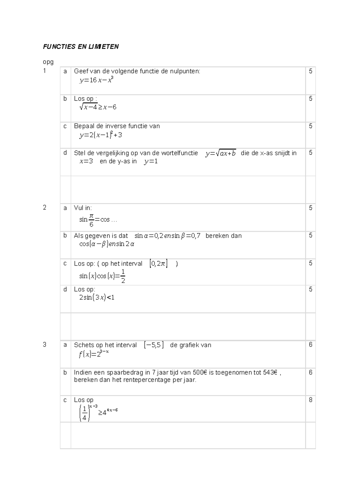 Proeftoets Functies en Limieten - Wiskunde Natuurkunde 1A - Studeersnel