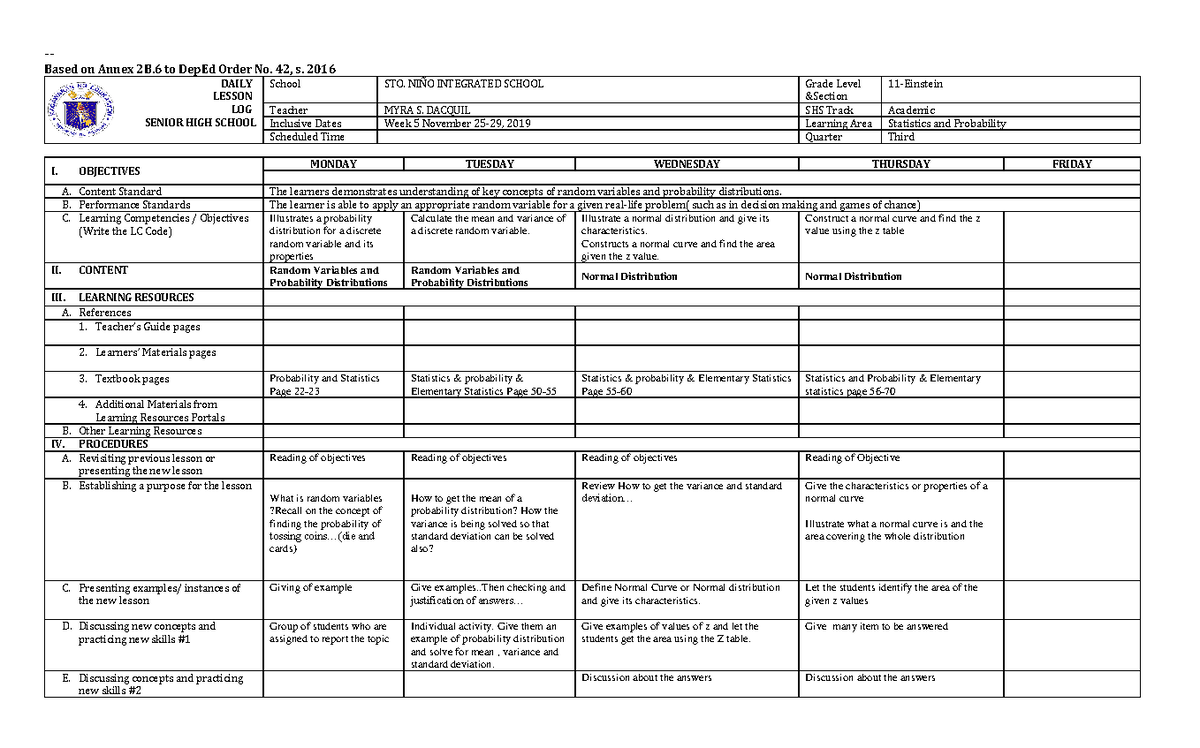 Daily Lesson Log: SHS Statistics & Probability (Week 5) - Studocu
