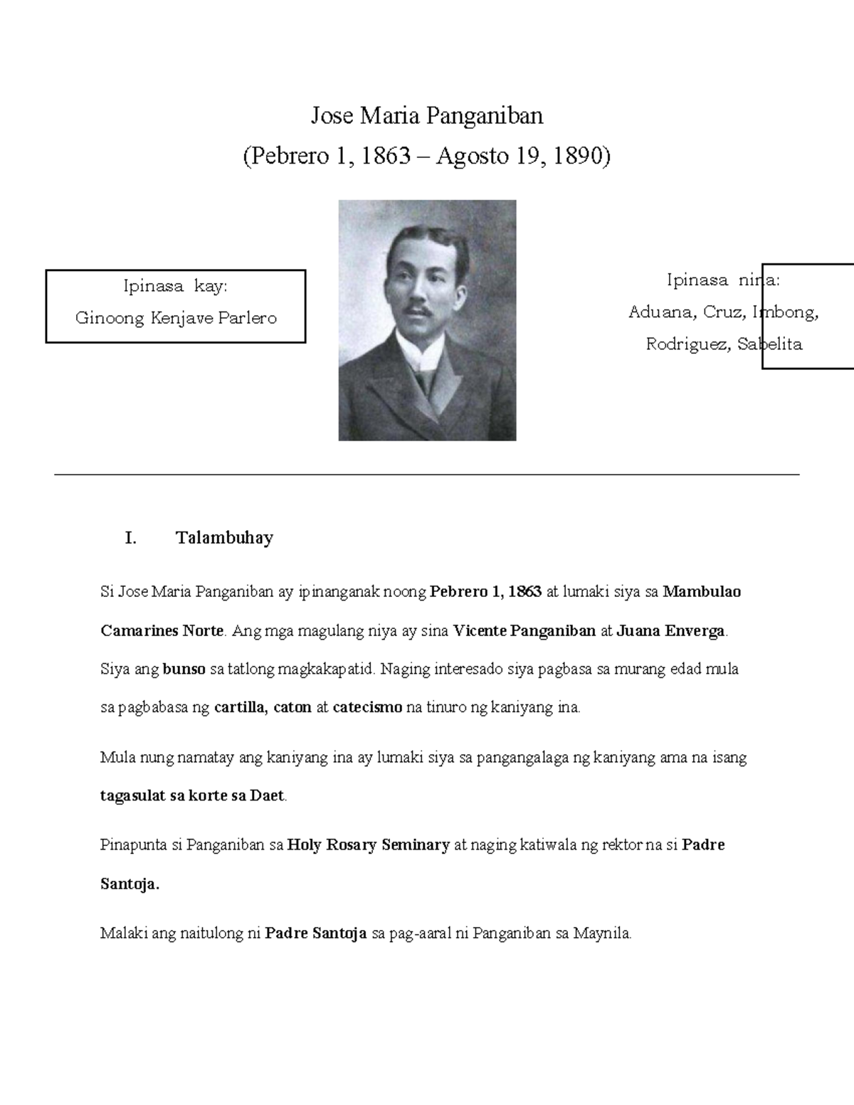 Jose Maria Panganiban: Buhay, Edukasyon, at Legacy - Studocu