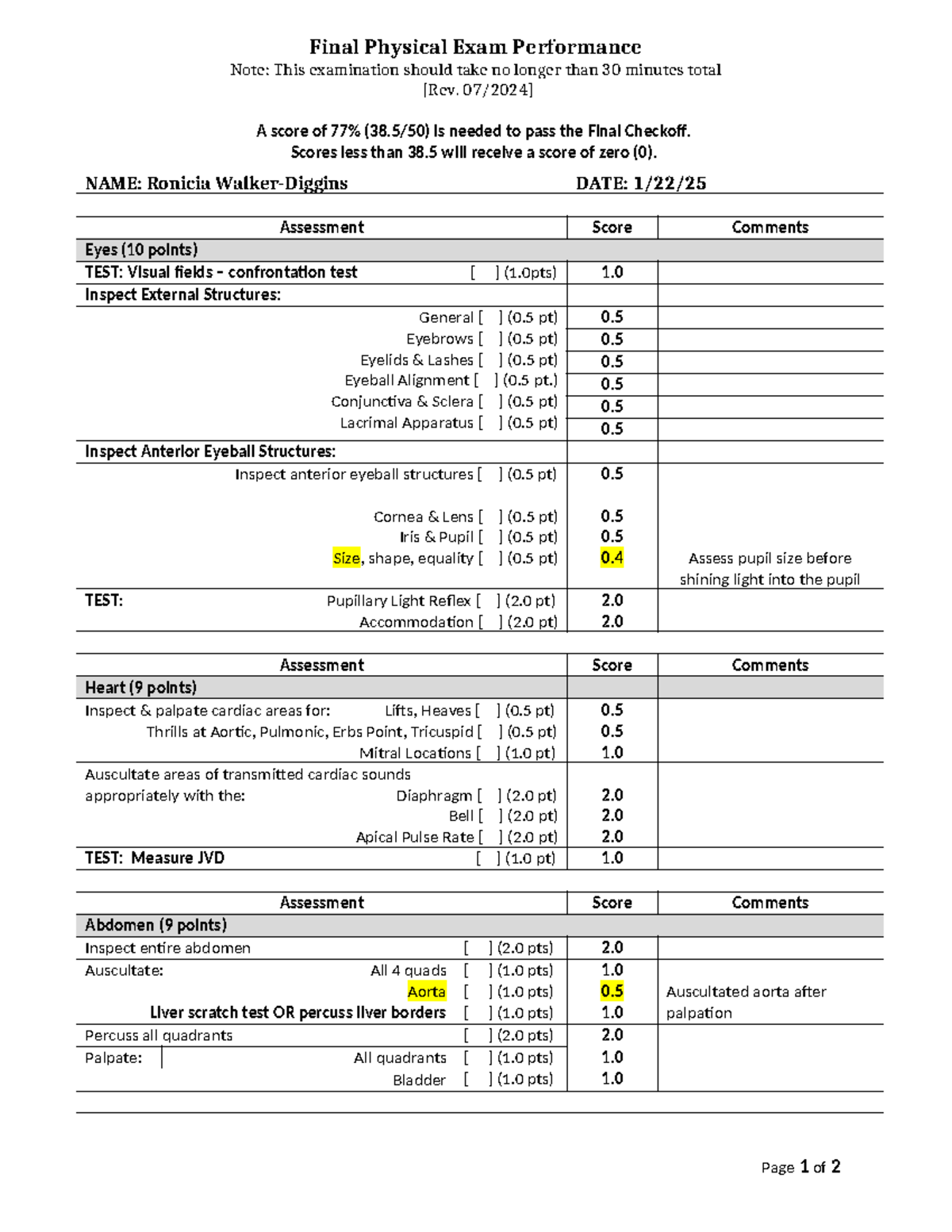 NUR 340 Final PE Performance - Final Physical Exam Performance Note ...