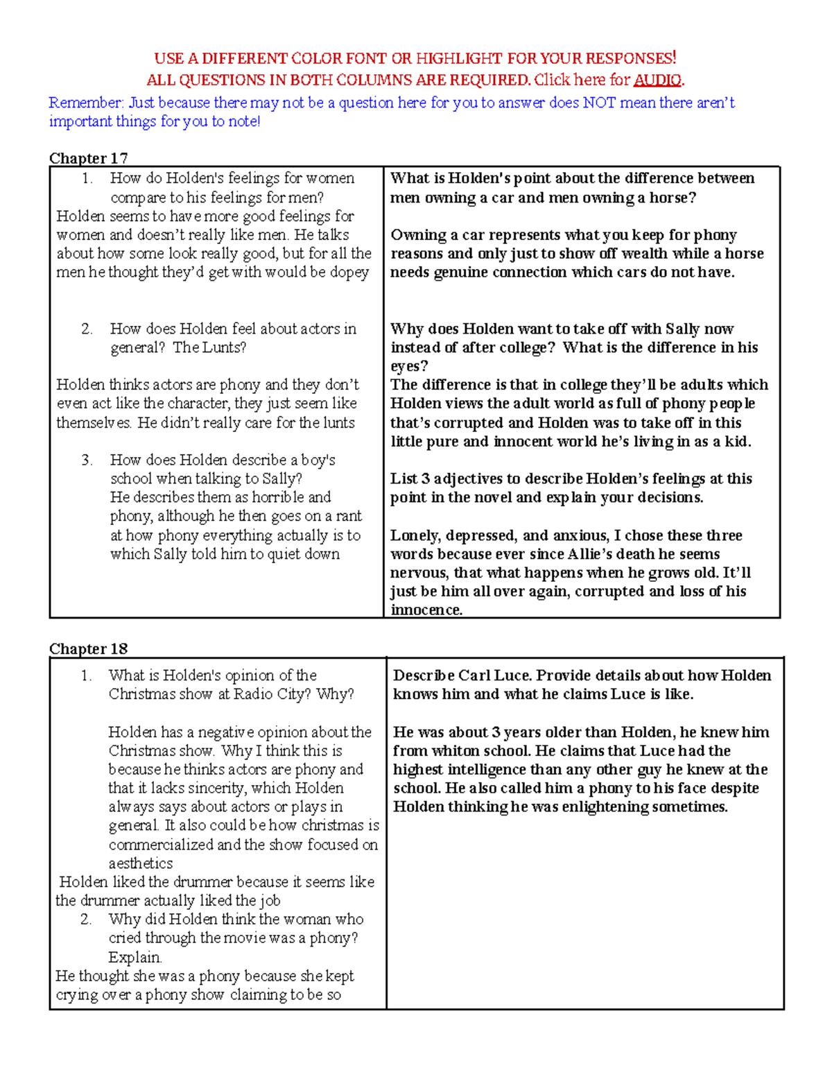 Ch 17-26 Guided Reading Notes for Catcher in the Rye - Studocu