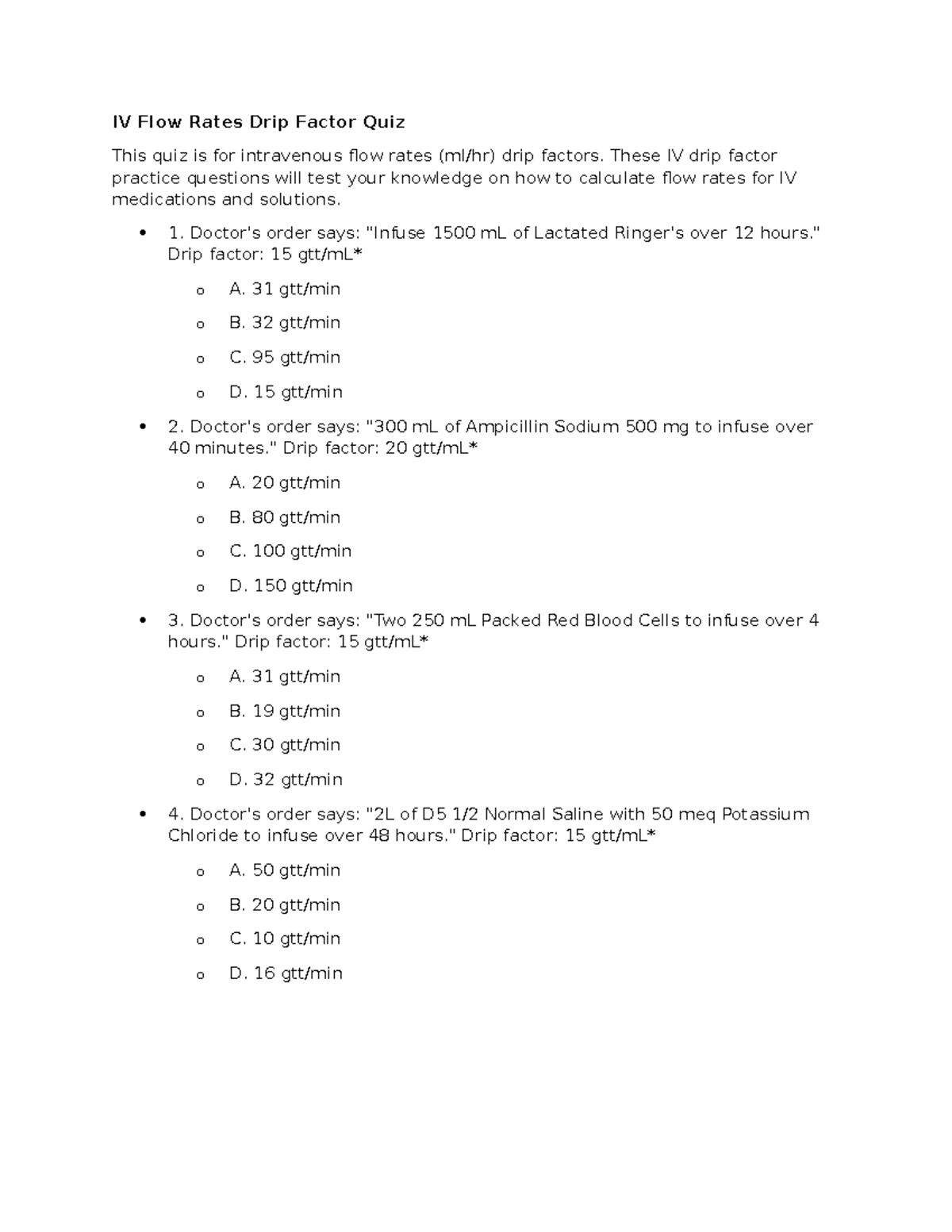 IV Flow Rates Drip Factor Quiz - Master the Calculations! - Studocu