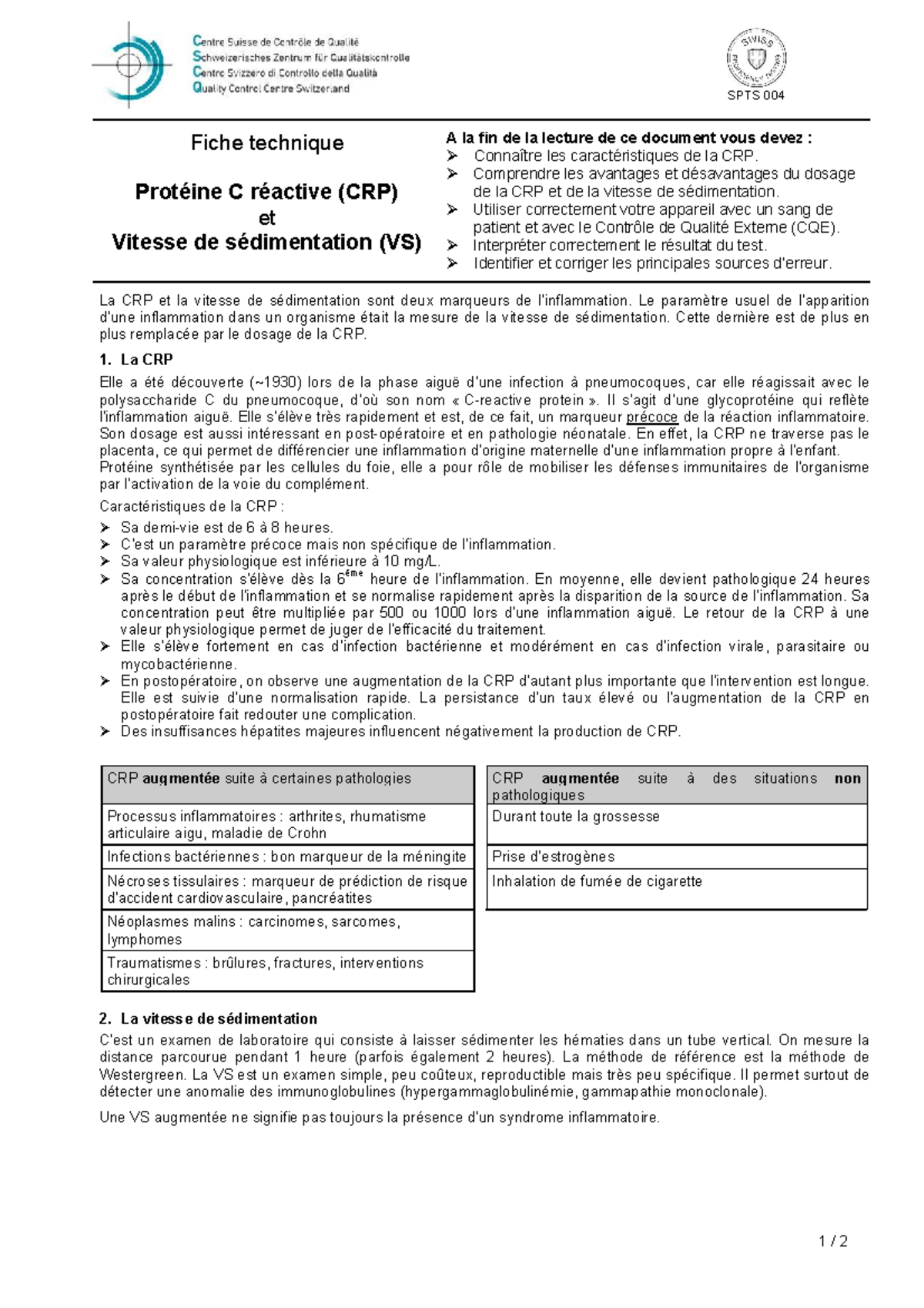 SPTS 004 Fiche Technique sur la Protéine C Réactive (CRP) et la Vitesse ...