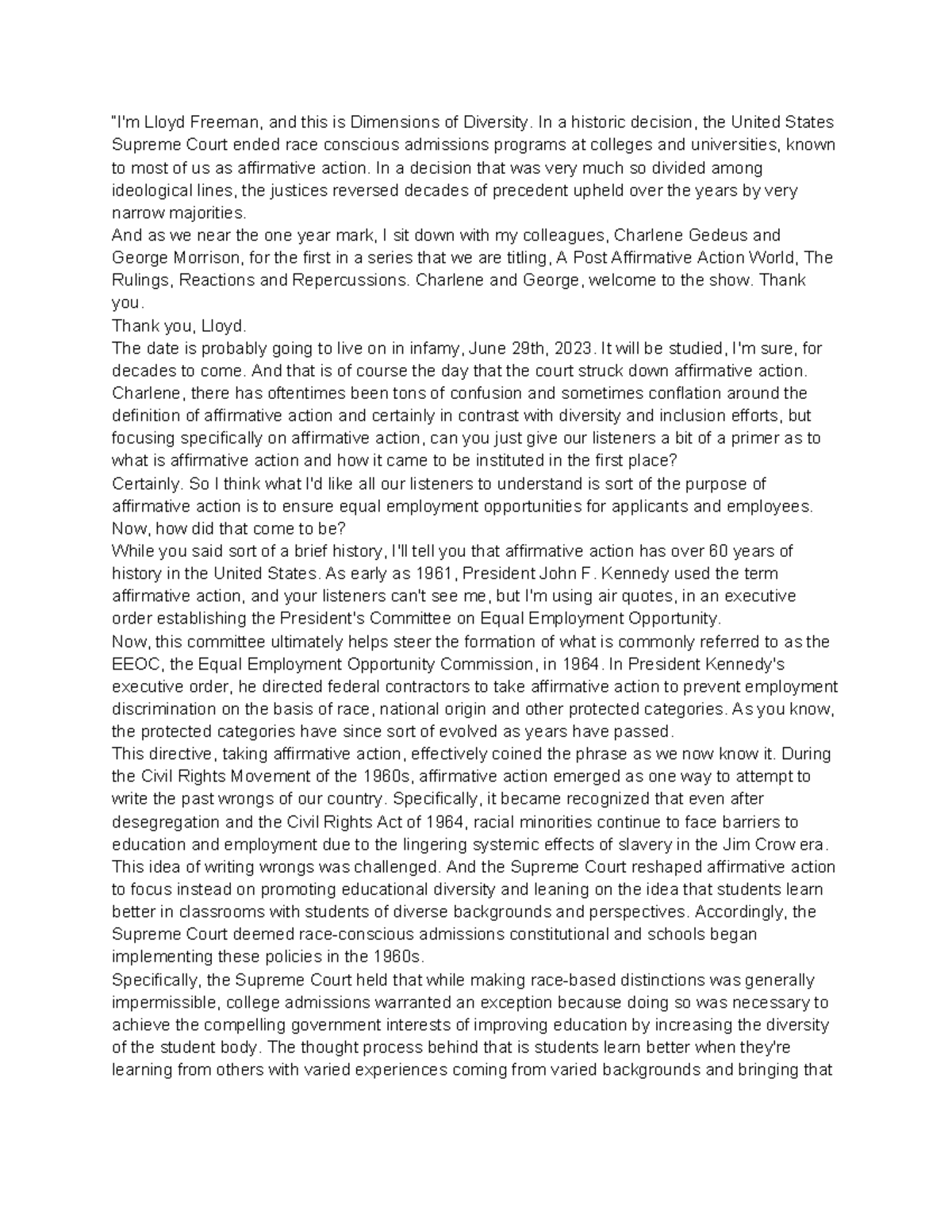 Dimensions of Diversity: A Post Affirmative Action World (Lloyd Freeman ...