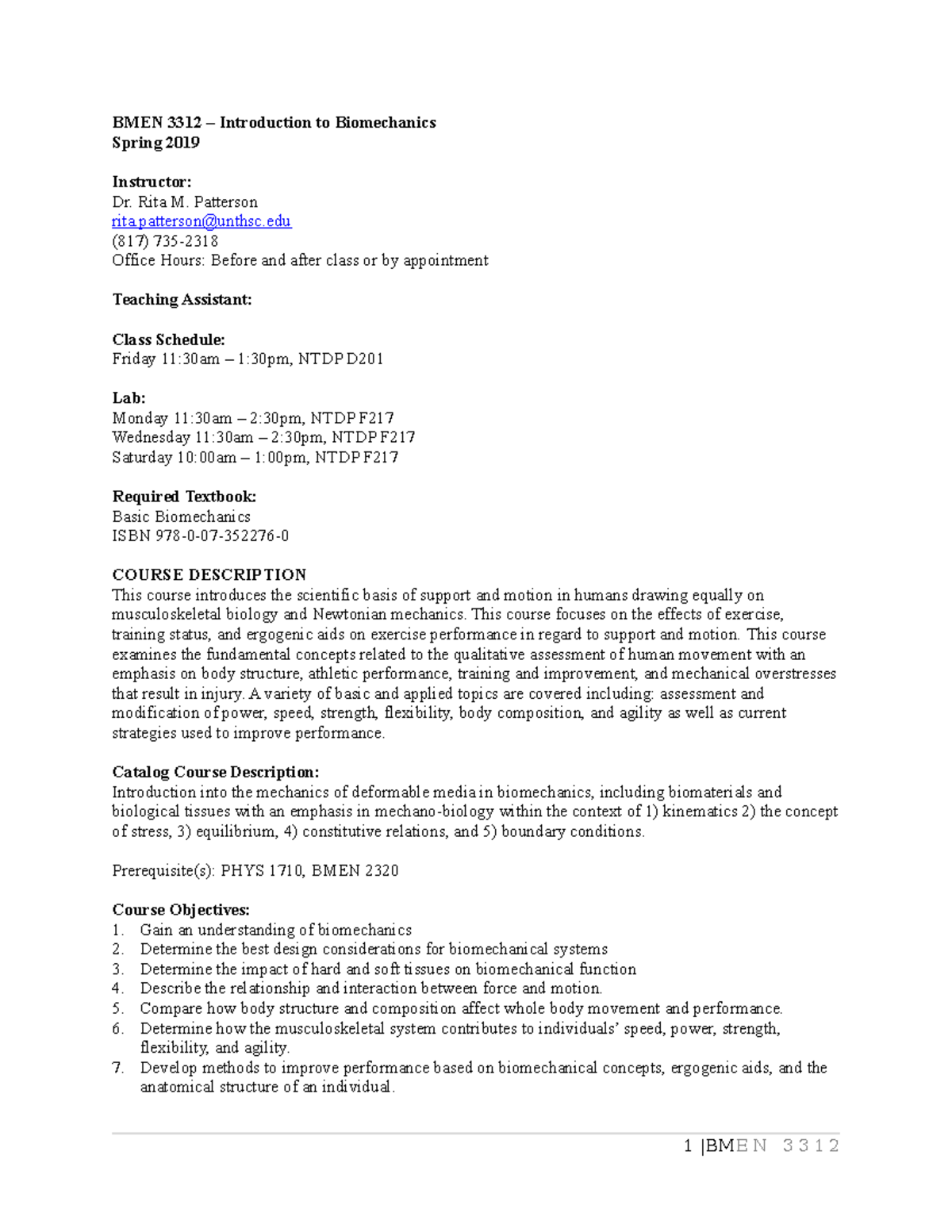 BMEN 3312 Introduction to Biomechanics Syllabus Spring 2019 - Studocu