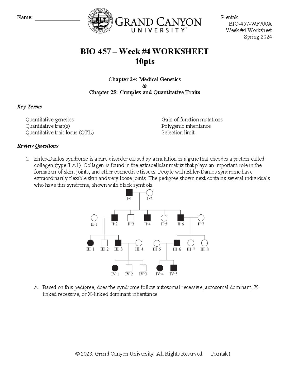 BIO-457-Week #4 Worksheet - Name: ________________ Pientak BIO-457 ...