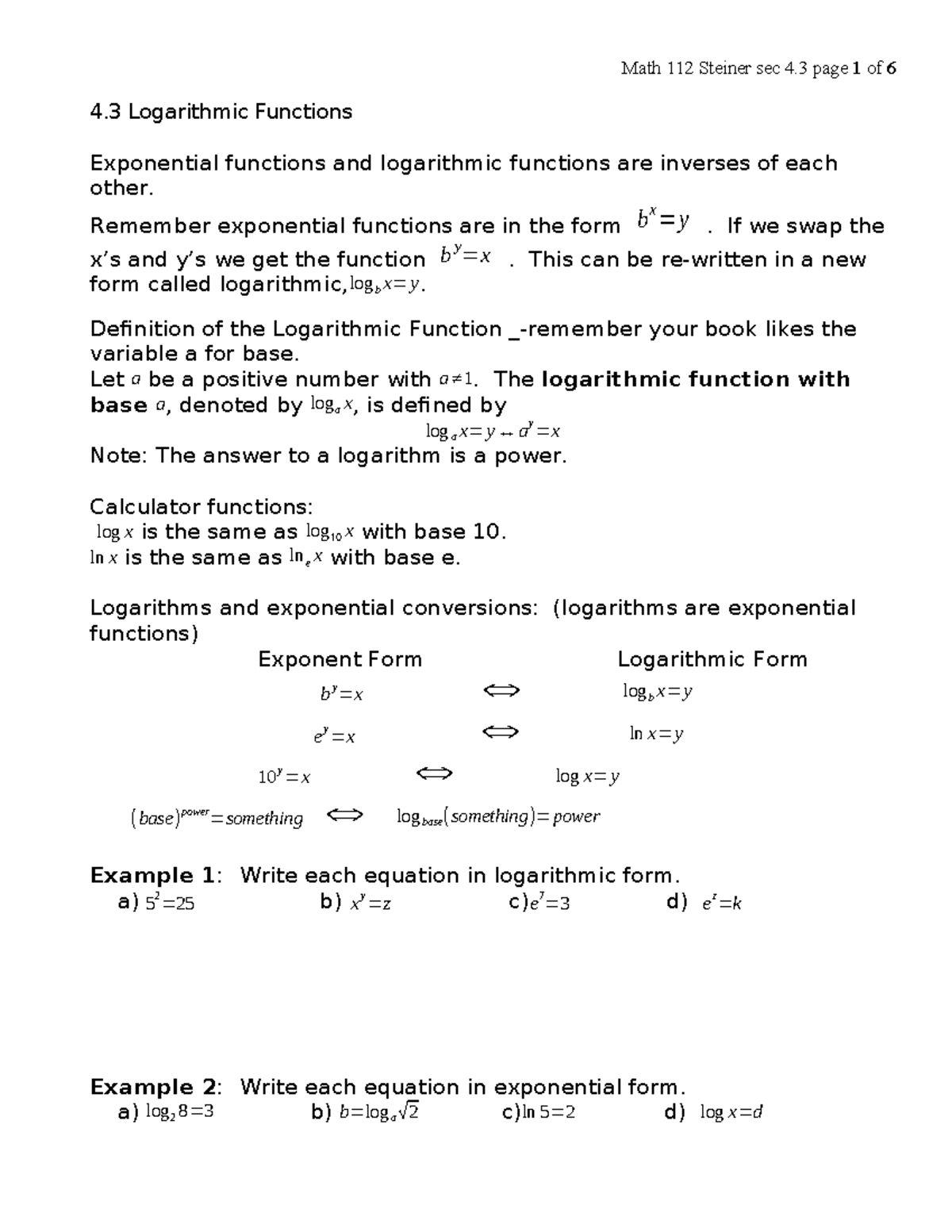 Math 112 Steiner Final Exam Notes: 4.3 Logarithmic Functions - Studocu