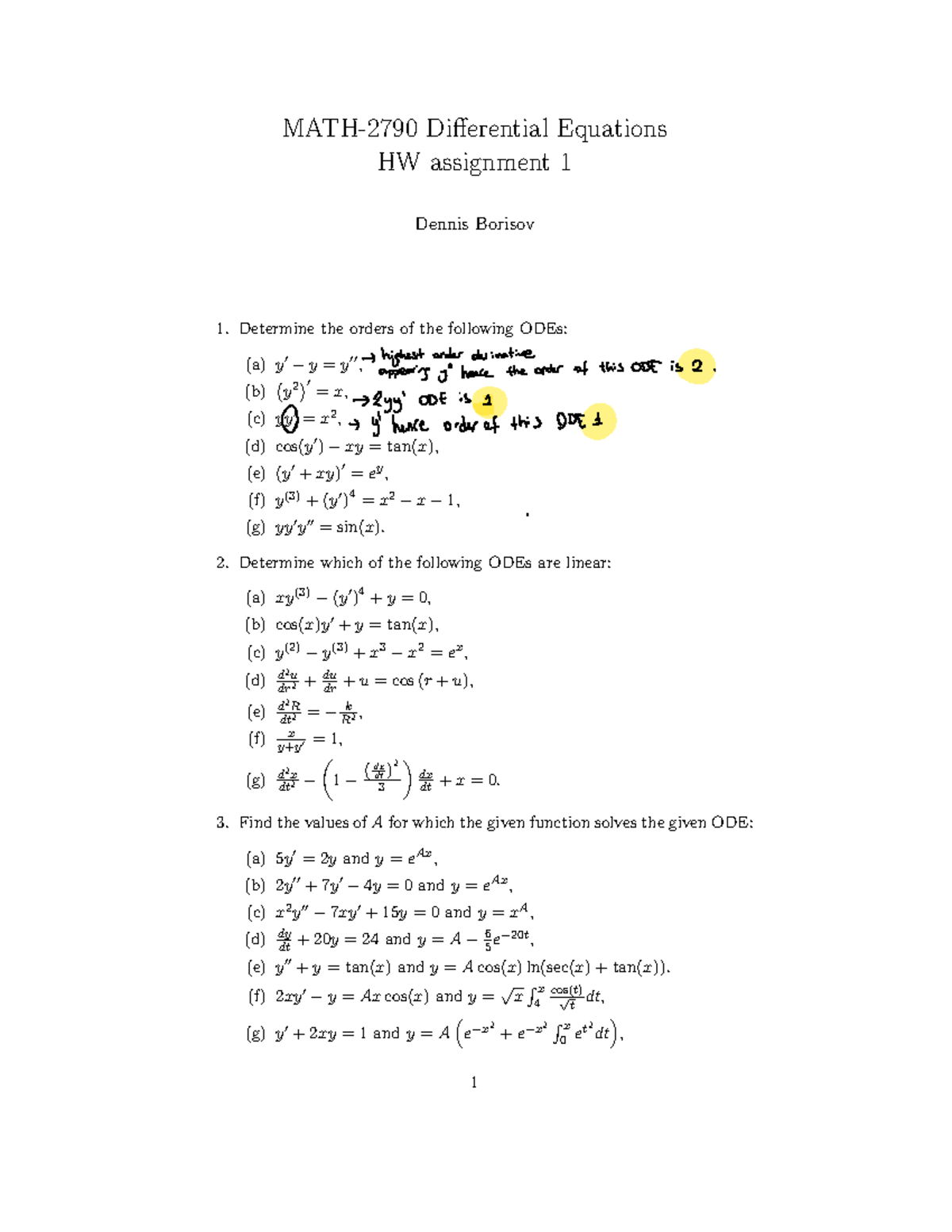 W25-DE-HW01 - hw1 - MATH-2790 Differential Equations HW assignment 1 ...