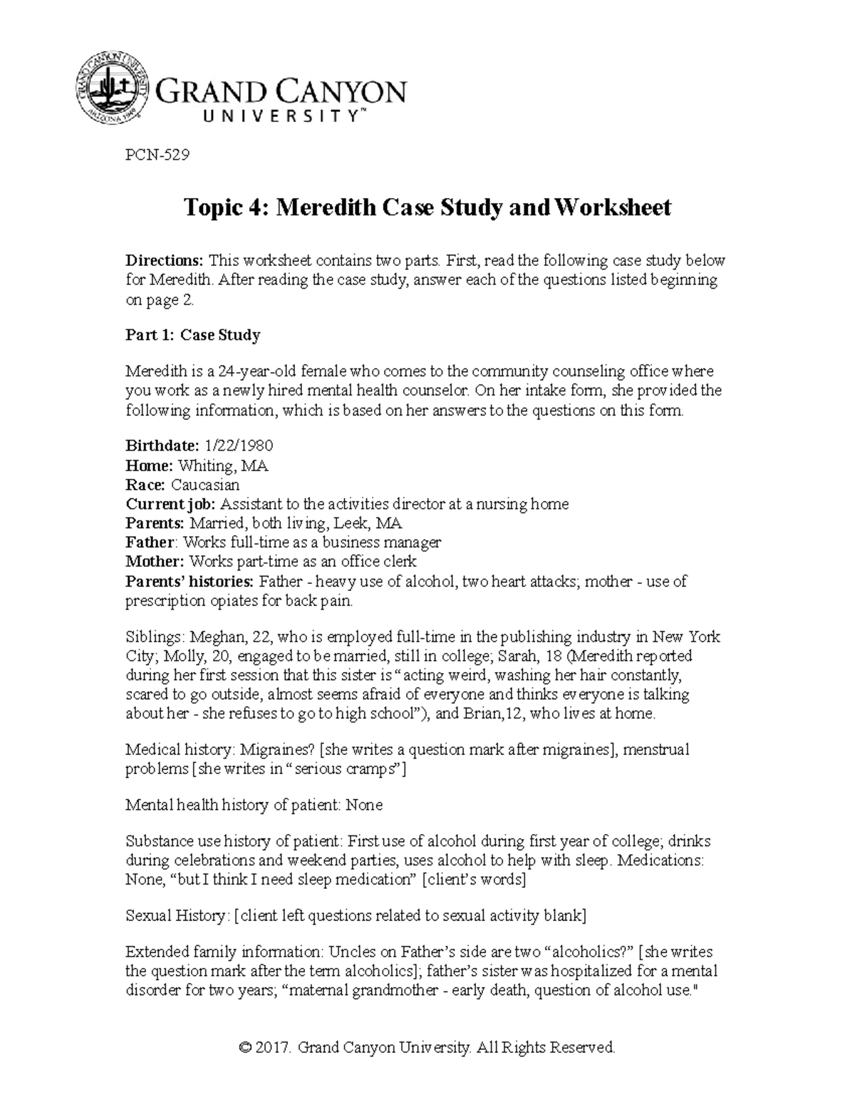 PCN-Case Study & Worksheet: Meredith's Mental Health Assessment - Studocu