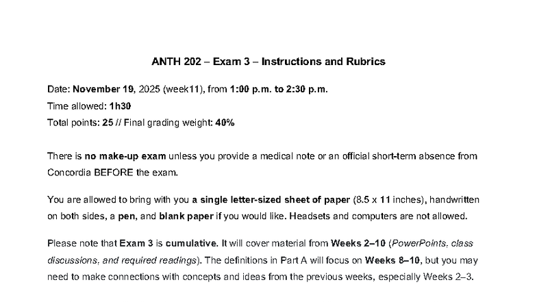 ANTH 202 - Final Exam 3 Instructions and Rubrics - Fall 2025 - Studocu