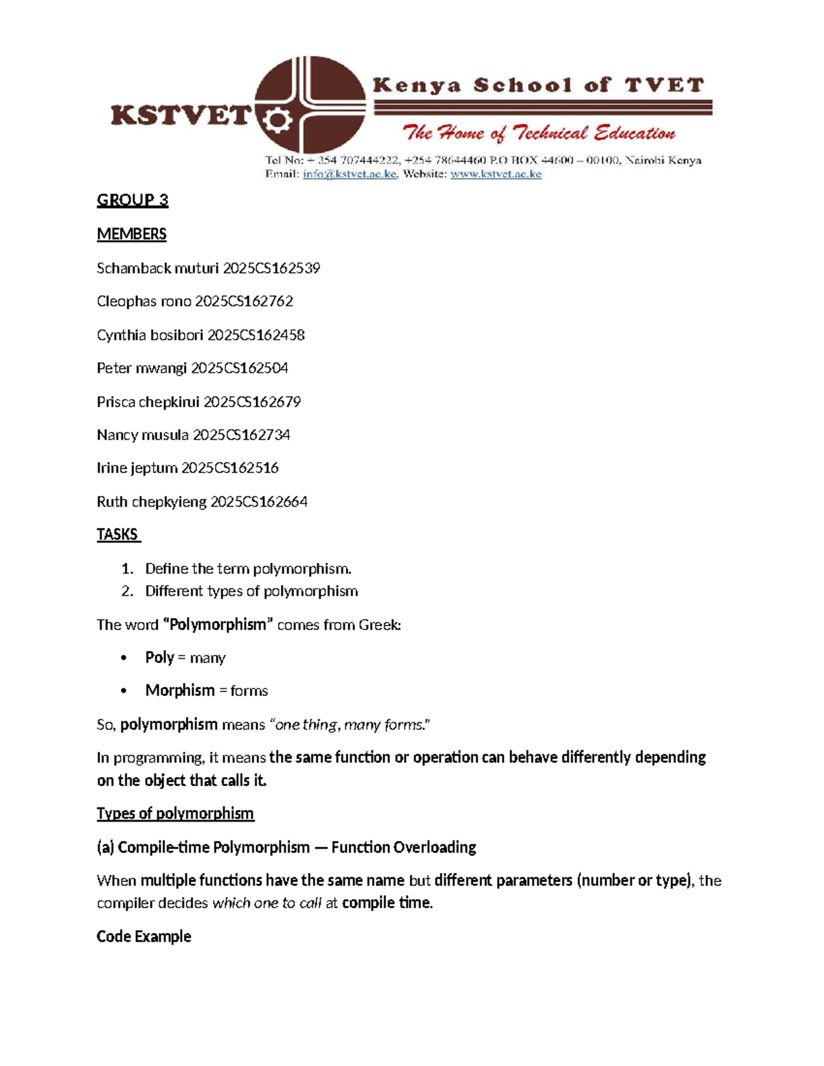 CS162 Polymorphism Overview: Function Overloading & Overriding - Studocu