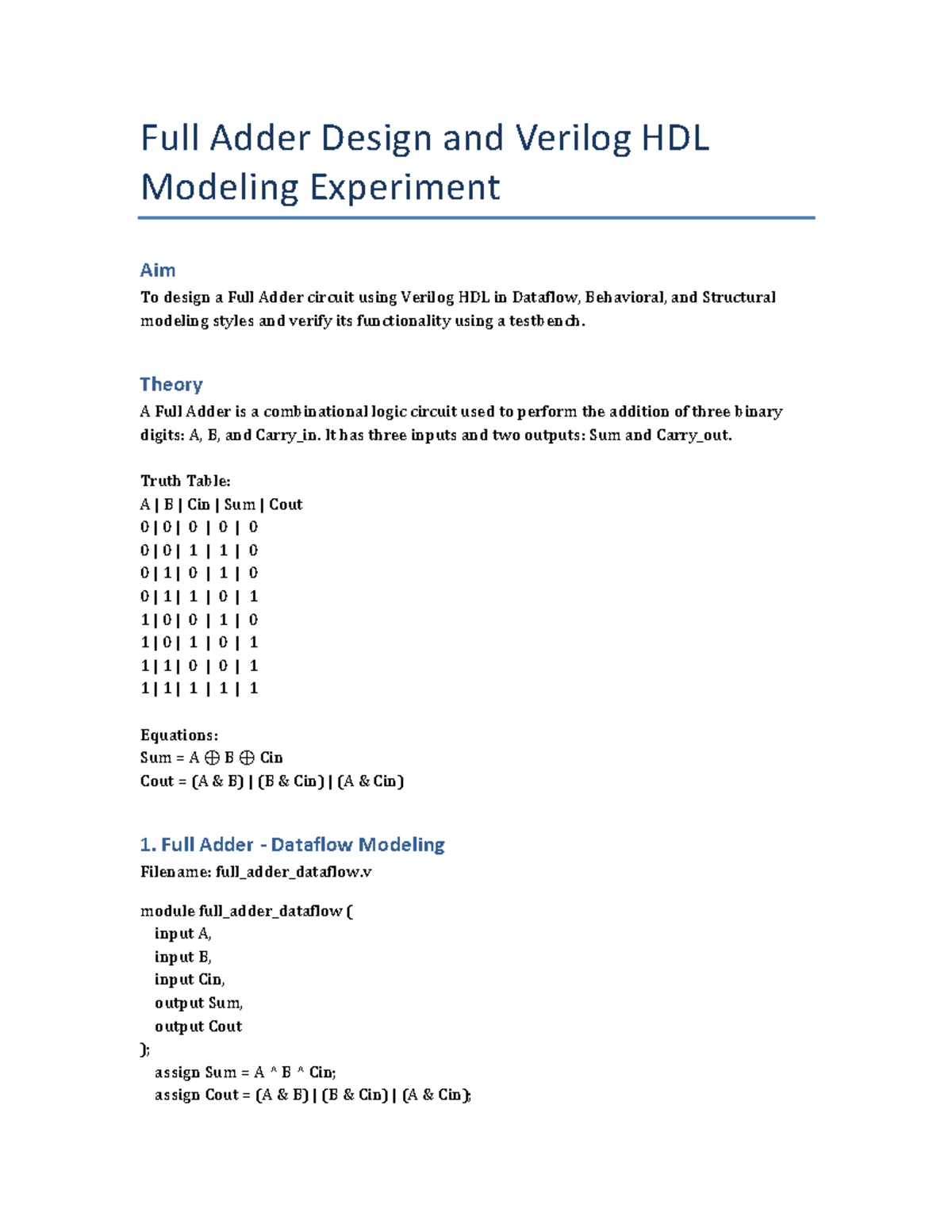 Model Report: Full Adder Design & Verilog HDL (Experiment) - Studocu