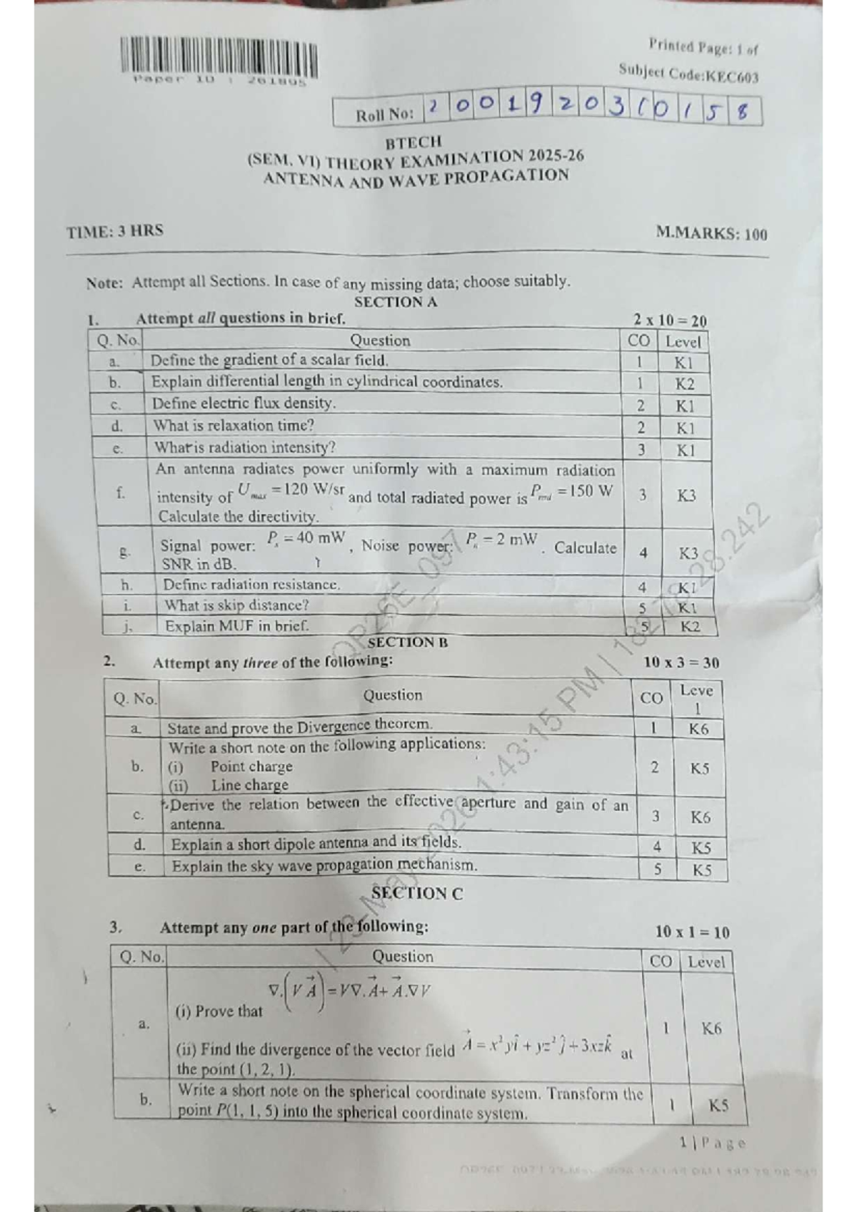 KEC603 - Antenna and Wave Propagation Theory Exam Questions Paper - Studocu