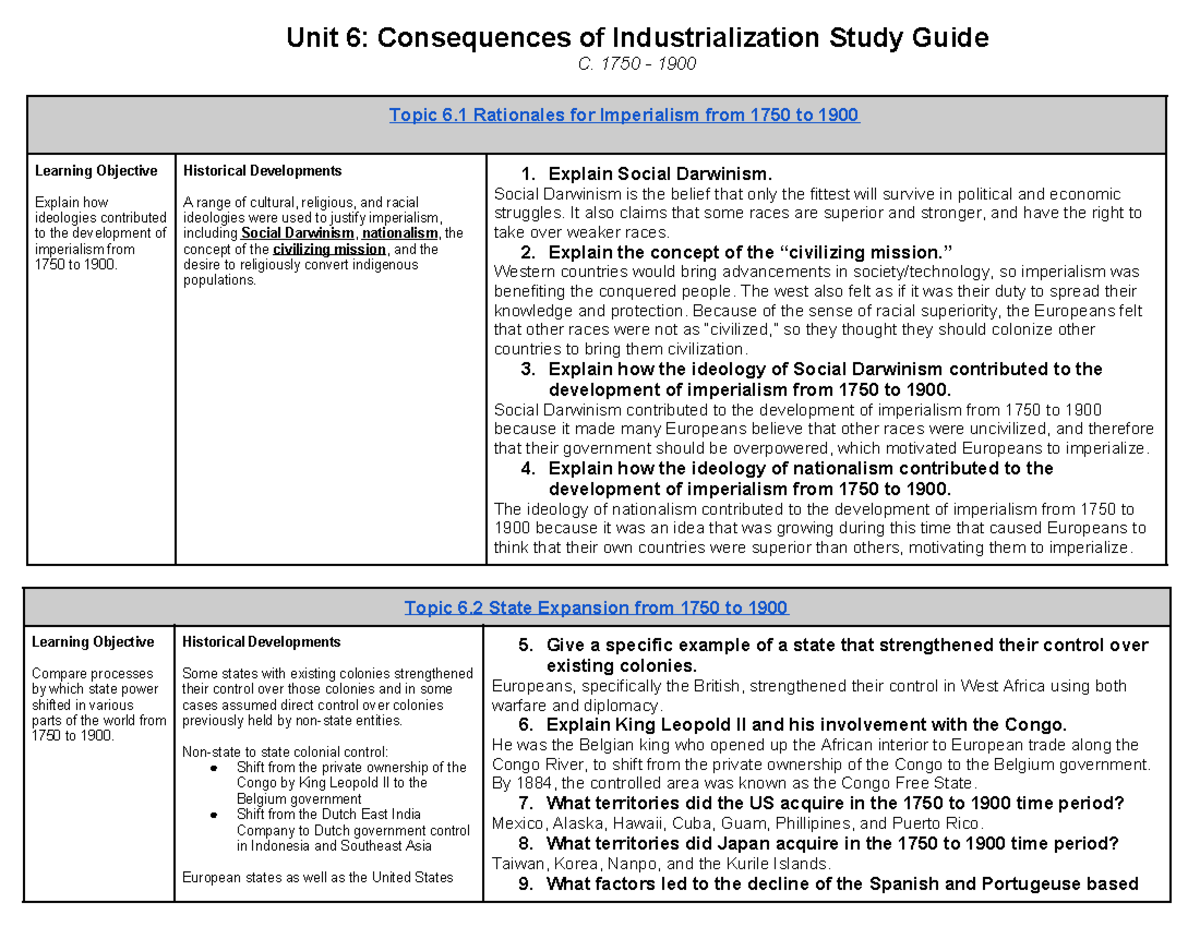 Unit 6 - Imperialism & Industrialization Study Guide (1750-1900) - Studocu