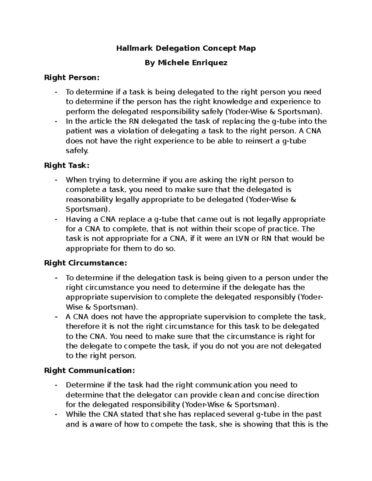 Hallmark Delegation Concept Map - In the article the RN delegated the ...
