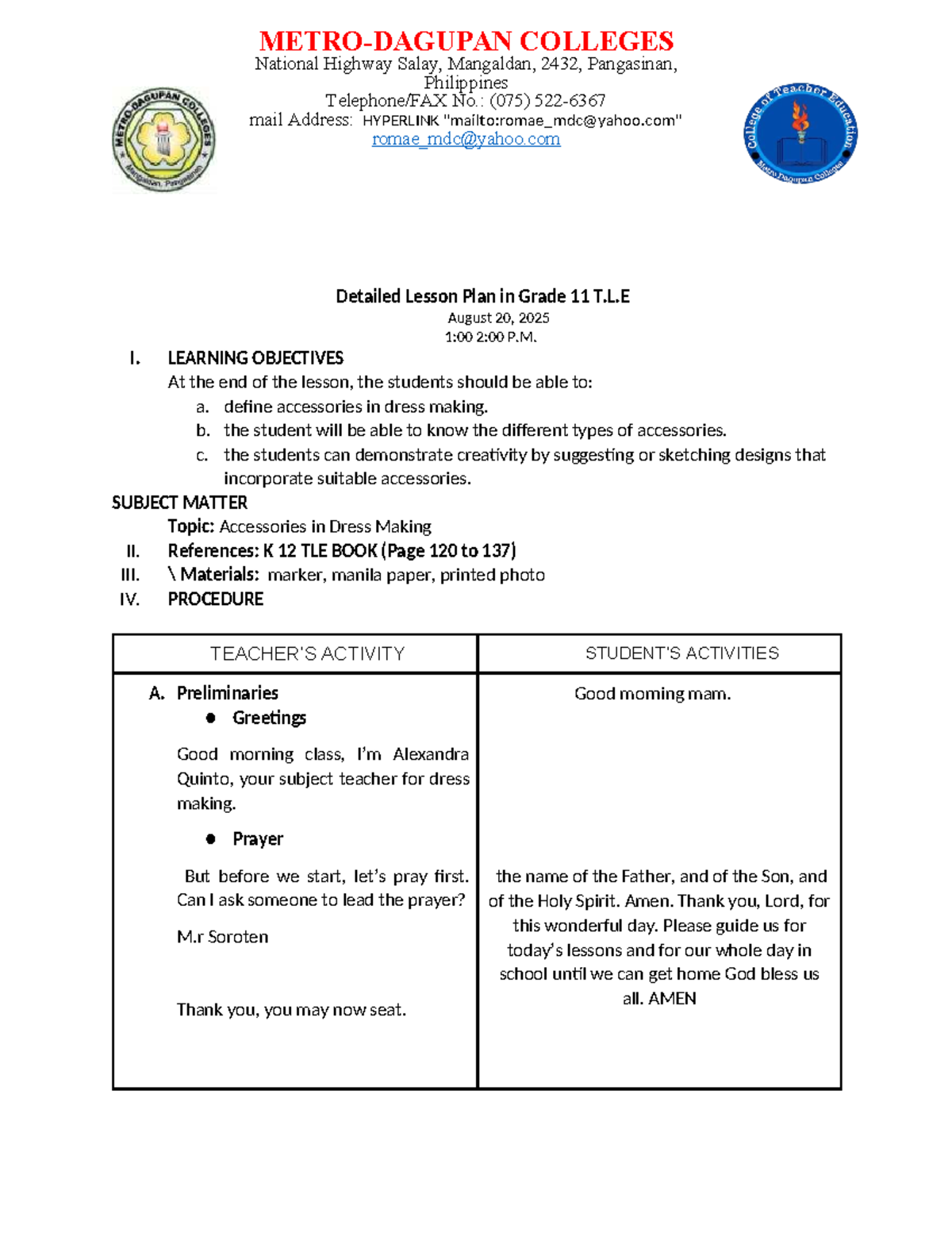 Grade 11 T.L.E Detailed Lesson Plan: Accessories in Dress Making - Studocu