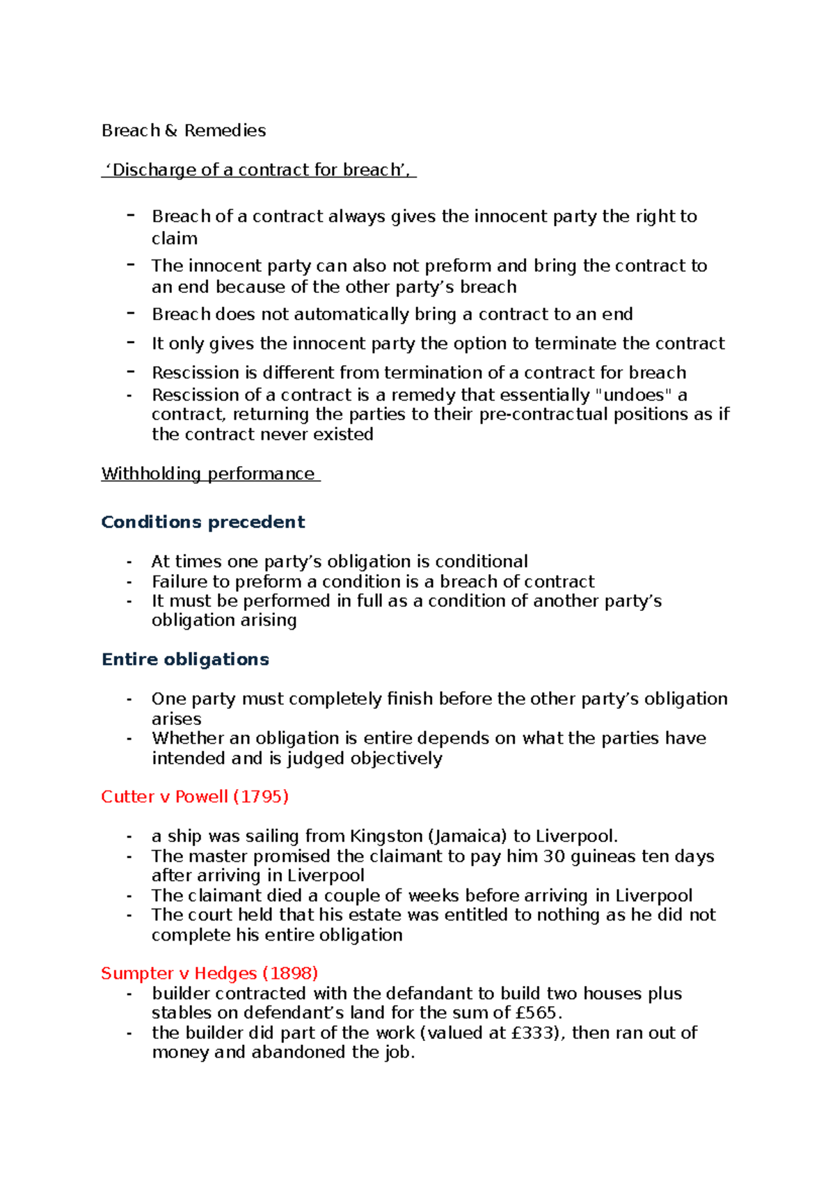 Breach and Remedies in Contract Law: Key Concepts and Cases - Studocu