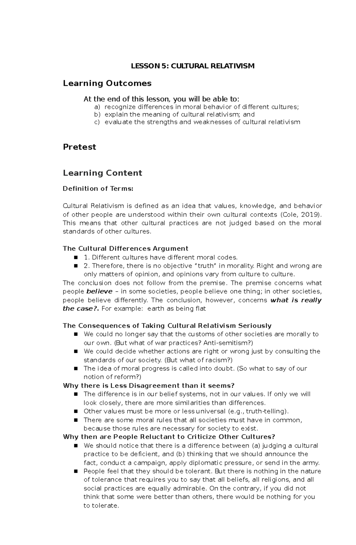 Lesson 5 Ethics final - LESSON 5: CULTURAL RELATIVISM Learning Outcomes ...