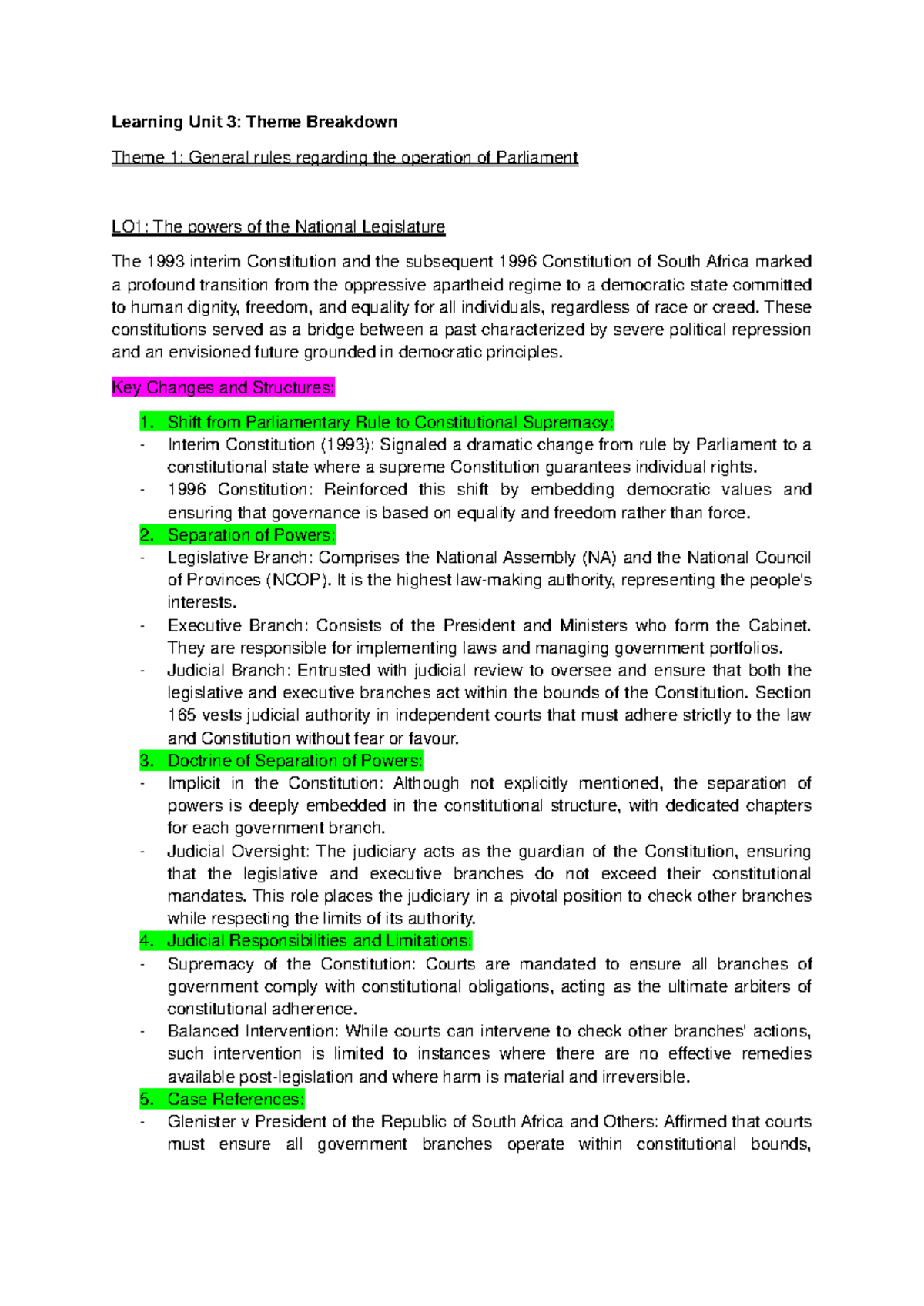 Constitutional law and Human Rights - Learning Unit 3: Theme Breakdown ...